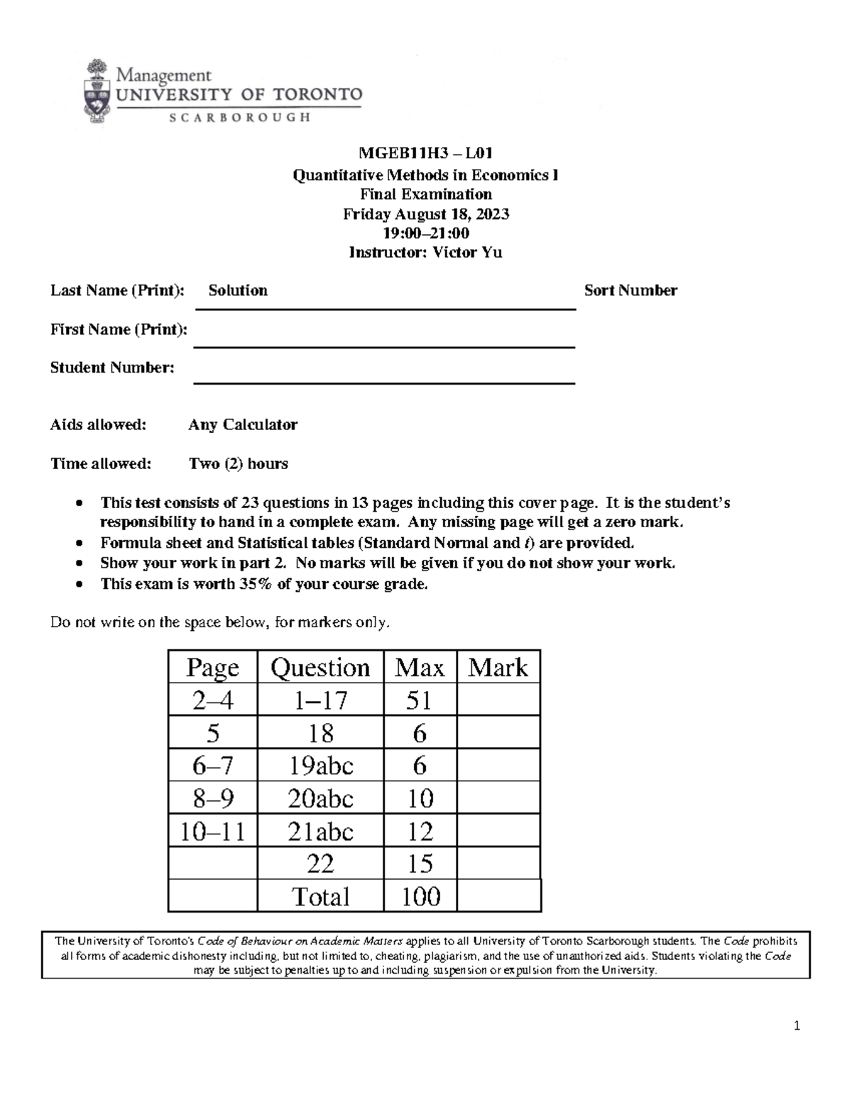 2023 08 18 Final S B11 Solution For Summer 2023 Exam Mgeb11h3 L Quantitative Methods In 