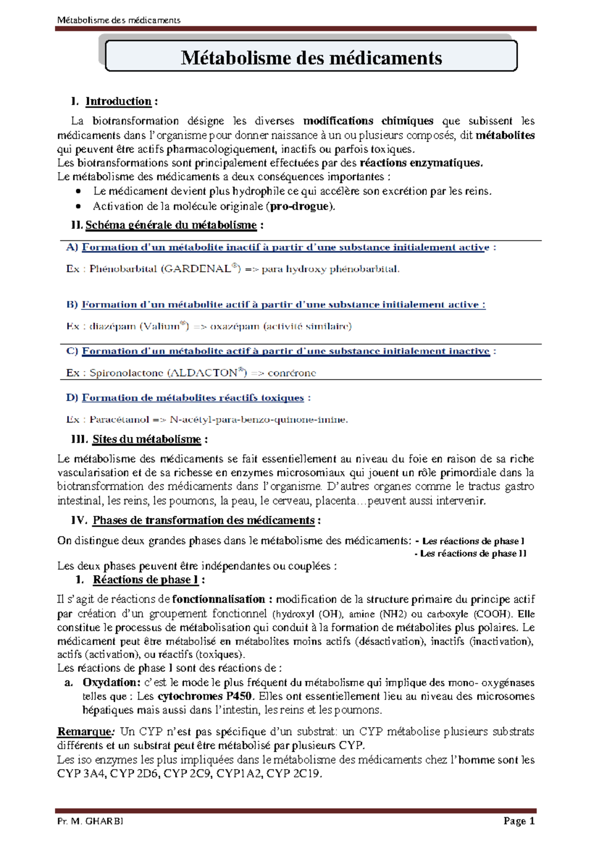 MÃ©tabolisme des m Ã©dicaments MÃ©decine 2024 - I. Introduction : La biotransformation désigne ...