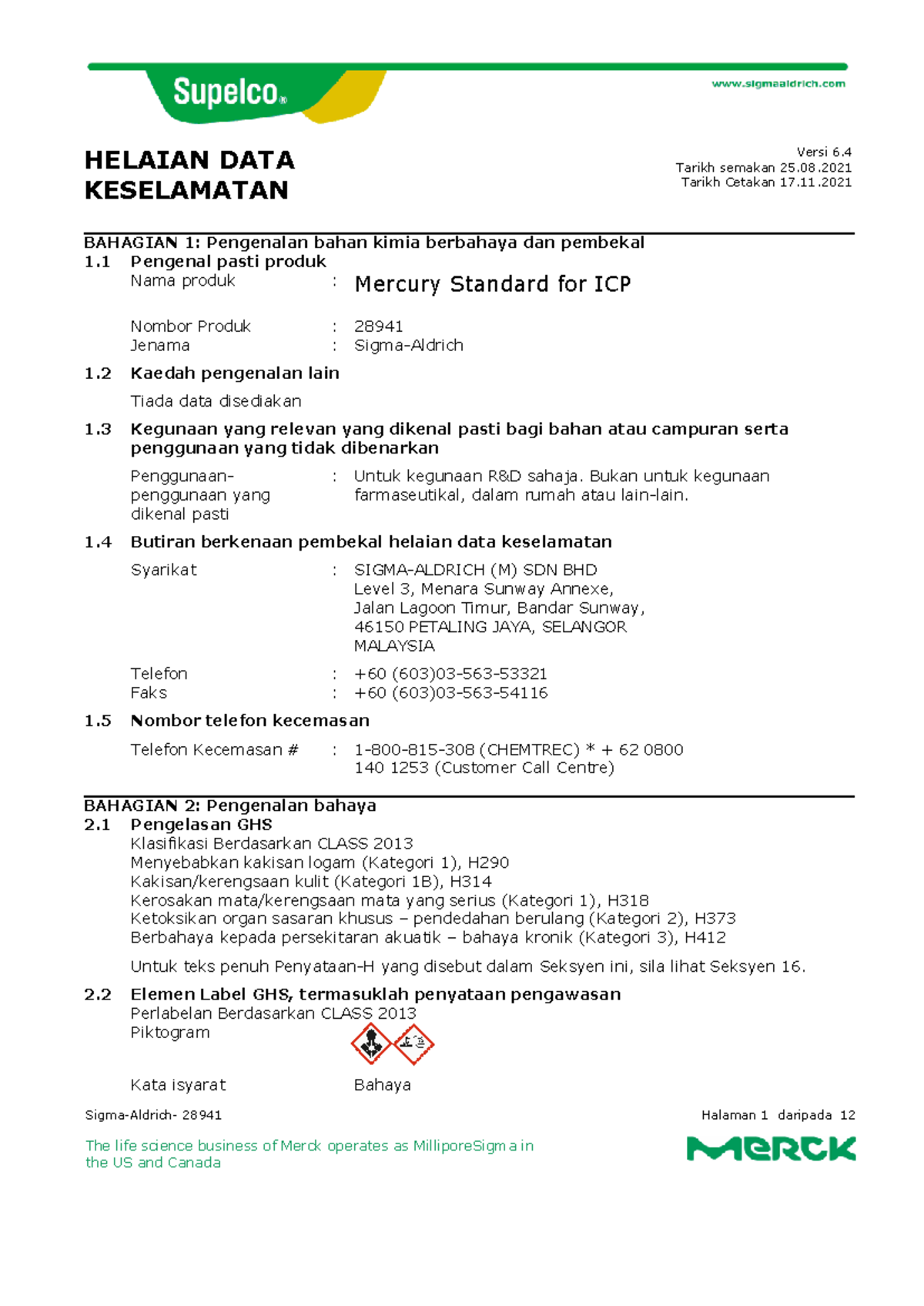 Mercury standard for ICP 28941 bm - Sigma-Aldrich- 28941 Halaman 1 ...