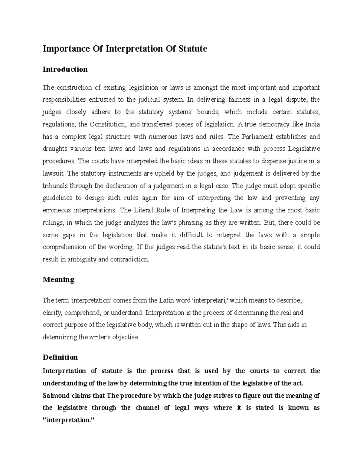 Zia - Importance Of Interpretation Of Statute Introduction The ...