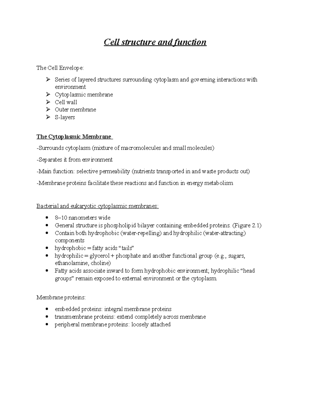 Cell structure and function notes - Cell structure and function The ...