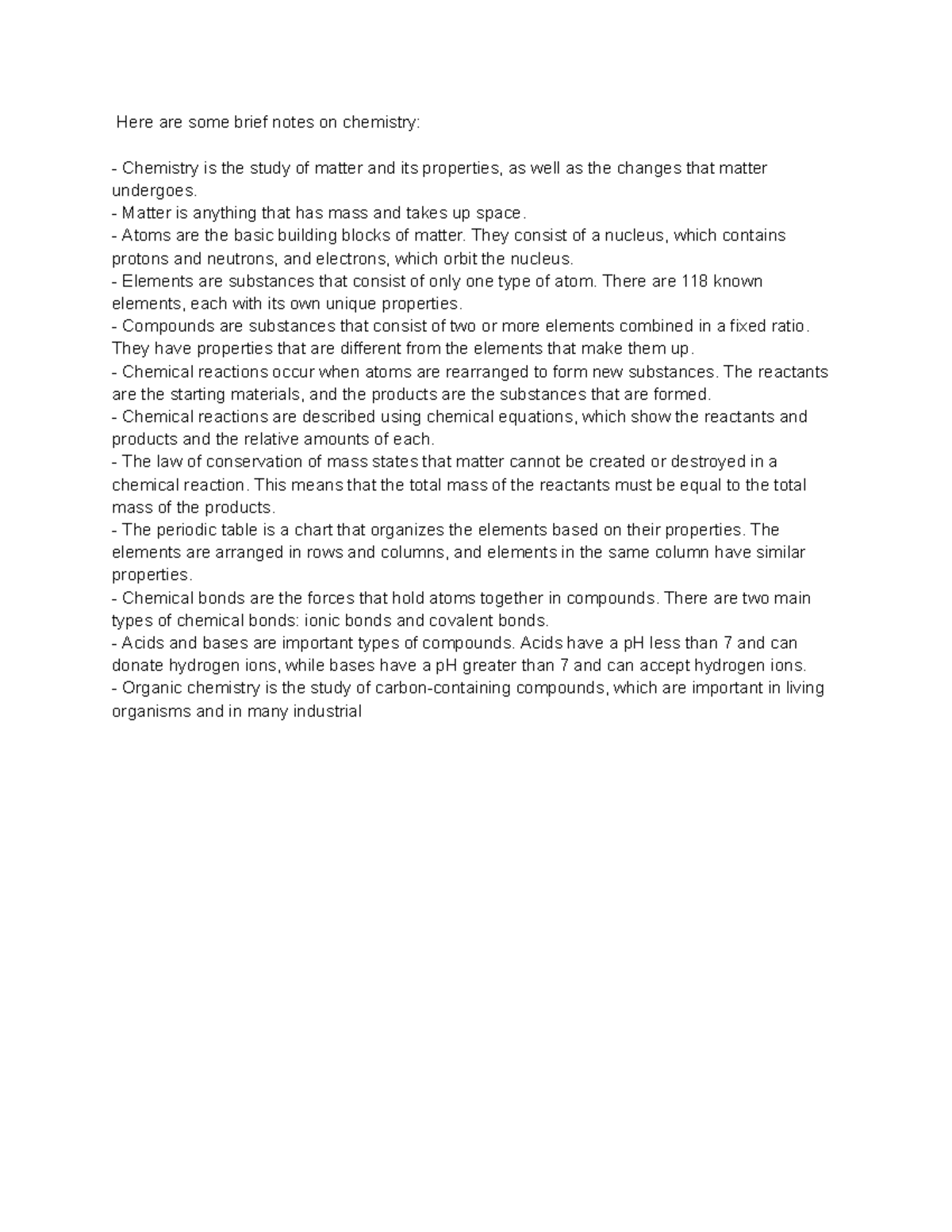 Chemistry notes - Here are some brief notes on chemistry: Chemistry is ...