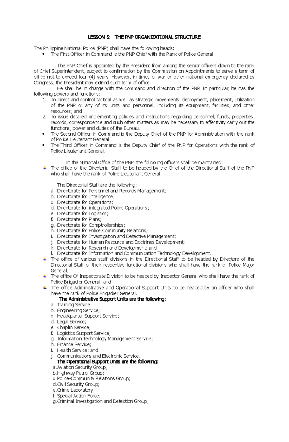 LEA 1 Midterm Notes - help - LESSON 5 : THE PNP ORGANIZATIONAL ...