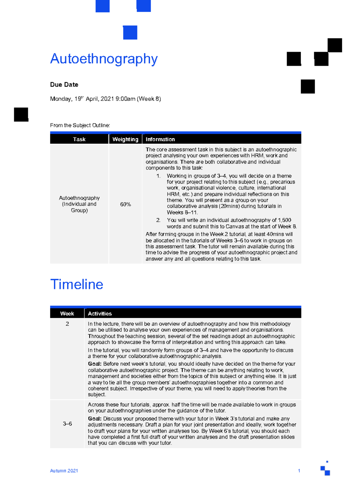 2021 AUT 21407 Autoethnography - Autoethnography Due Date Monday, 19 th ...