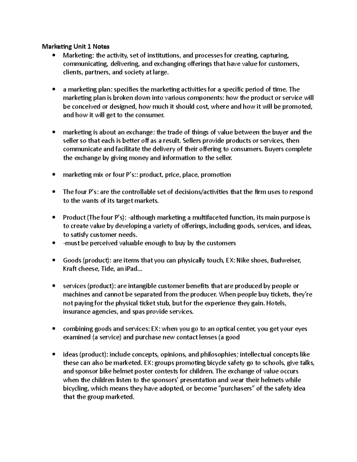 Marketing Unit 1 Notes - Marketing Unit 1 Notes Marketing: the activity ...