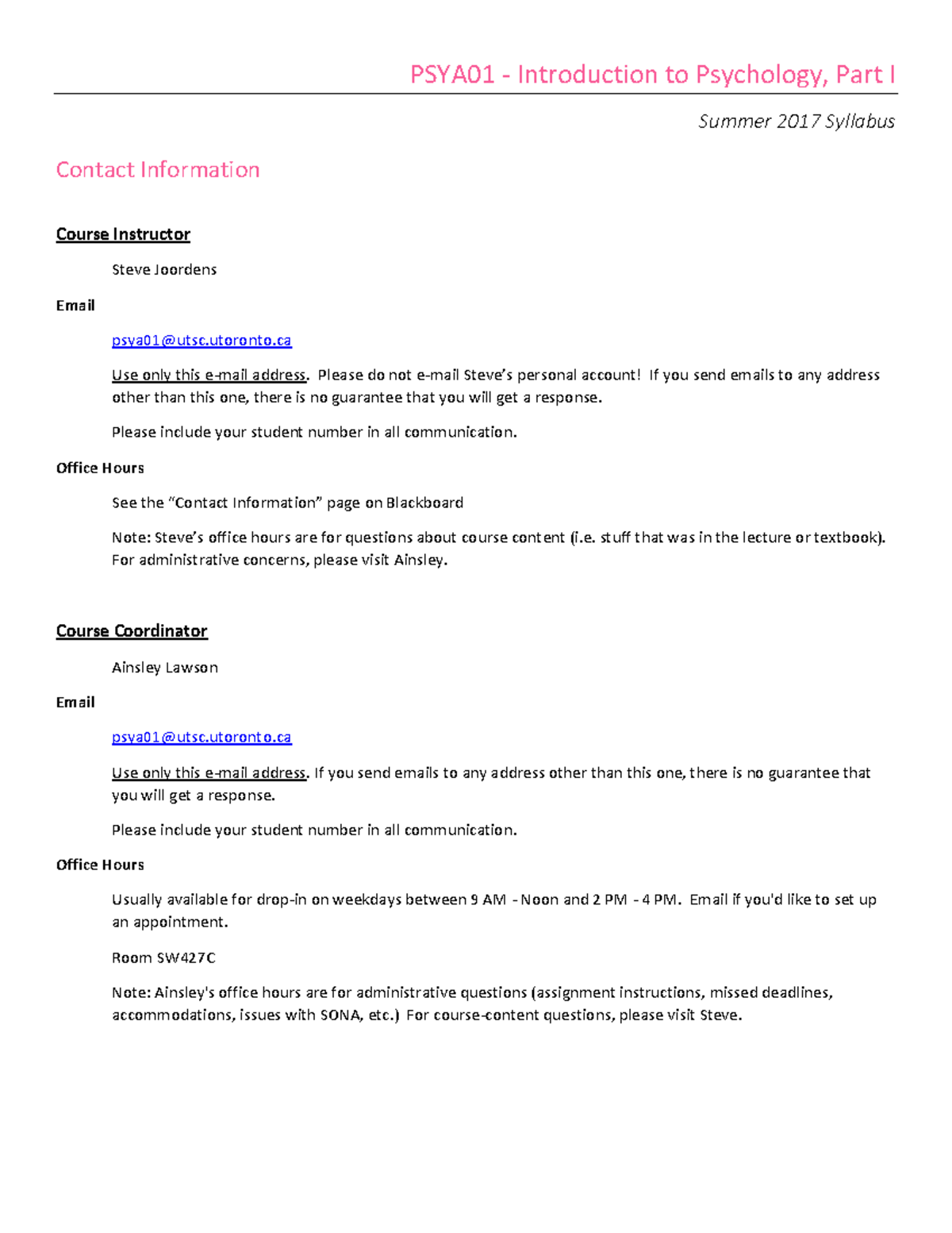 2017 5-PSYA01-Joordens - PSYA01 - Introduction to Psychology, Part I Summer 2017 Syllabus ...