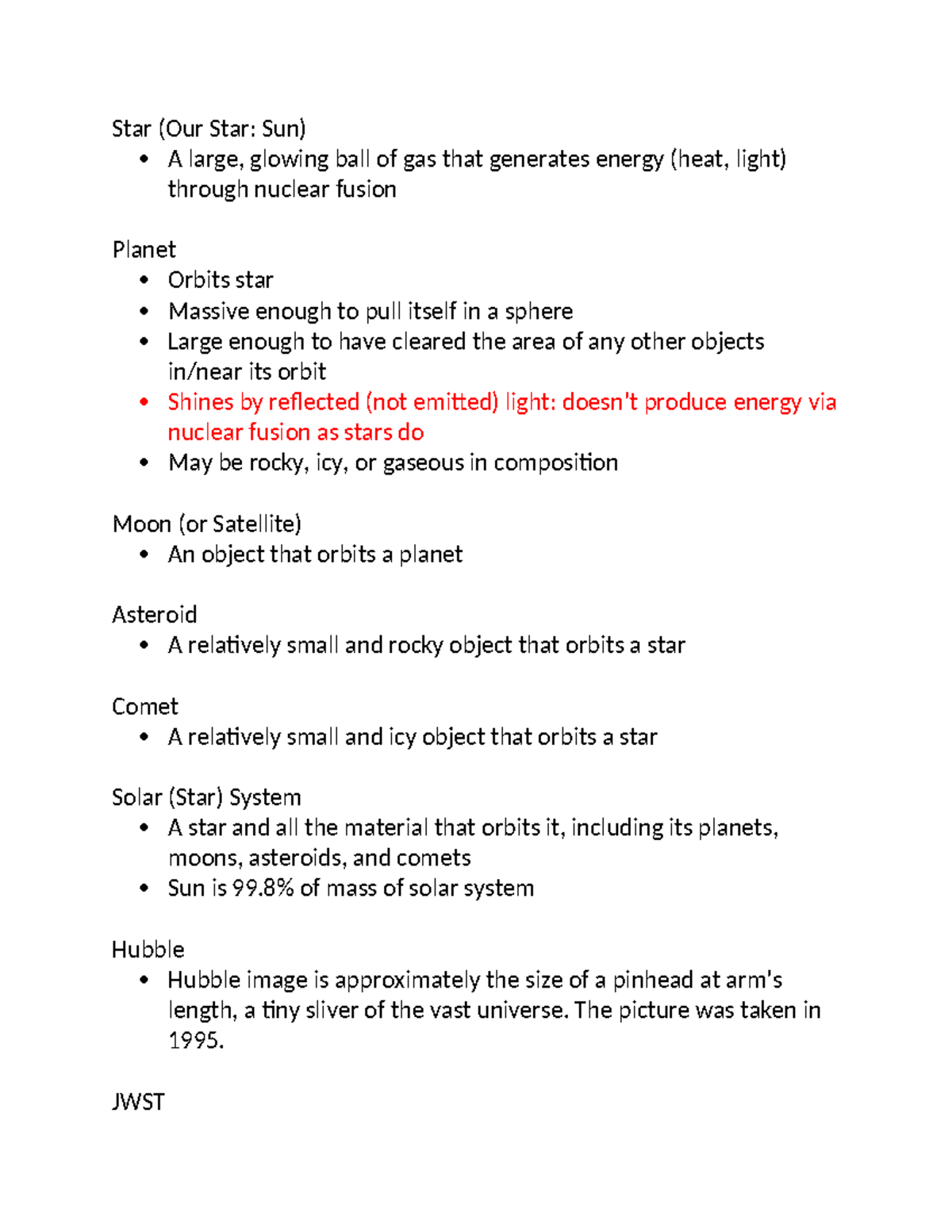 Chapter 1 Astronomy Notes - Star (Our Star: Sun) A large, glowing ball ...