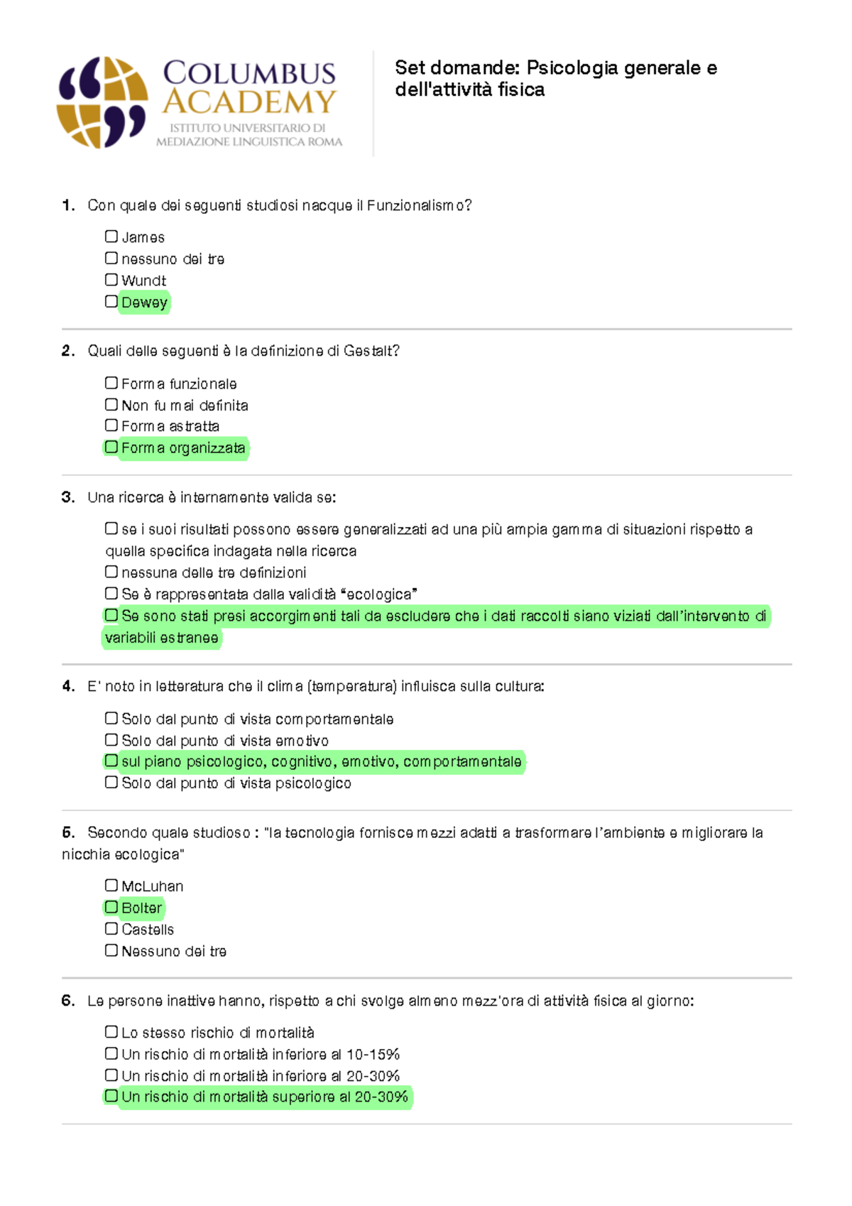 Psicologia generale e dell'attività fisica - Set domande: Psicologia ...
