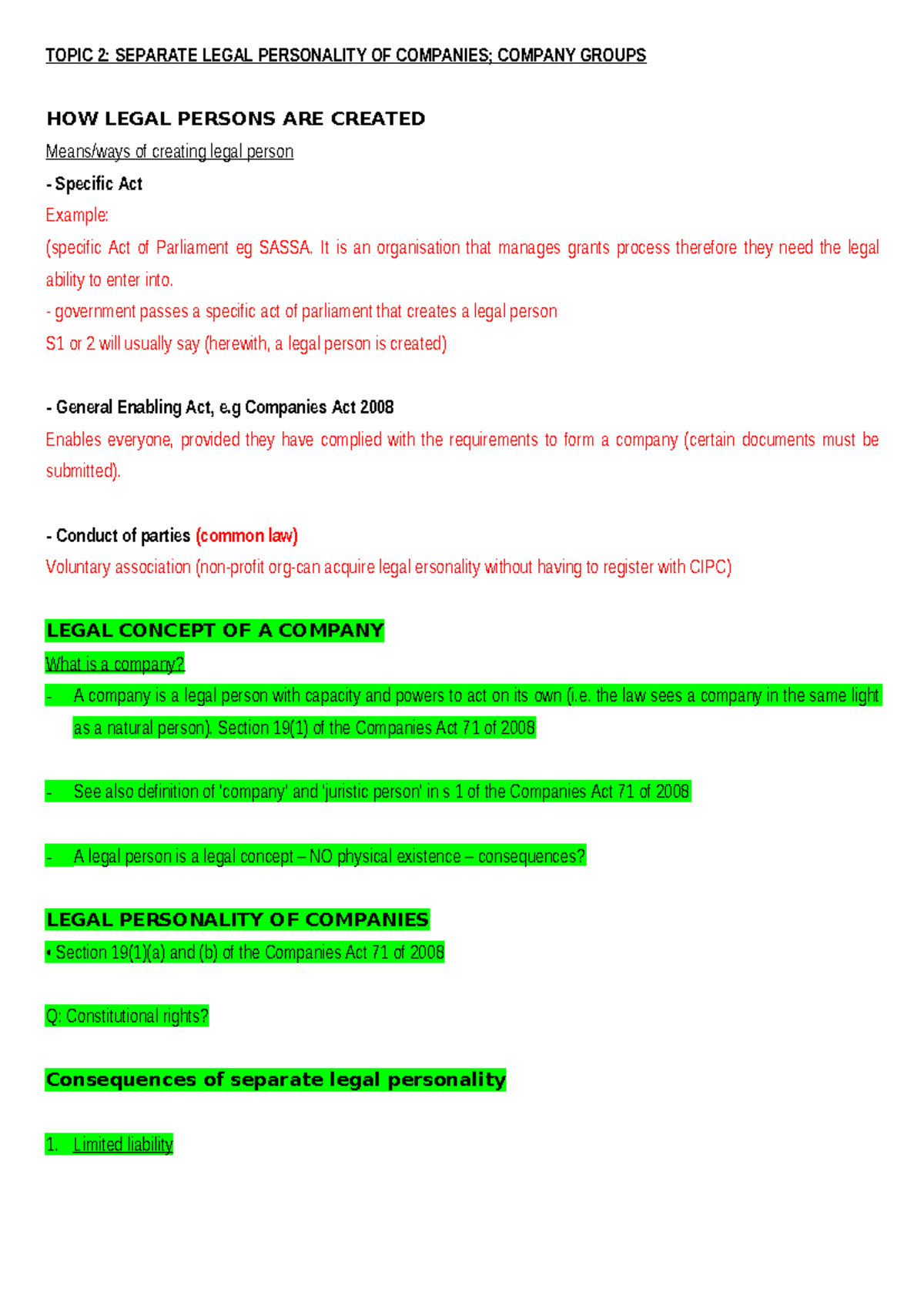 Topic 2 separate Legal personality for corporate law - TOPIC 2 ...