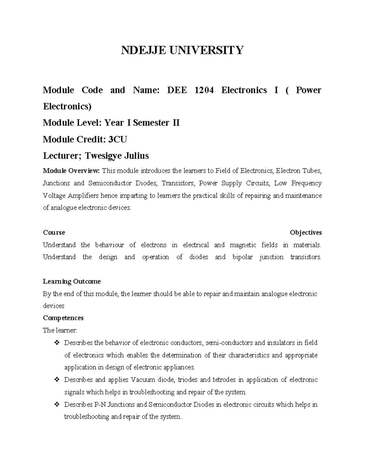 DEE - Electronics 1 Lecture notes - NDEJJE UNIVERSITY Module Code and ...