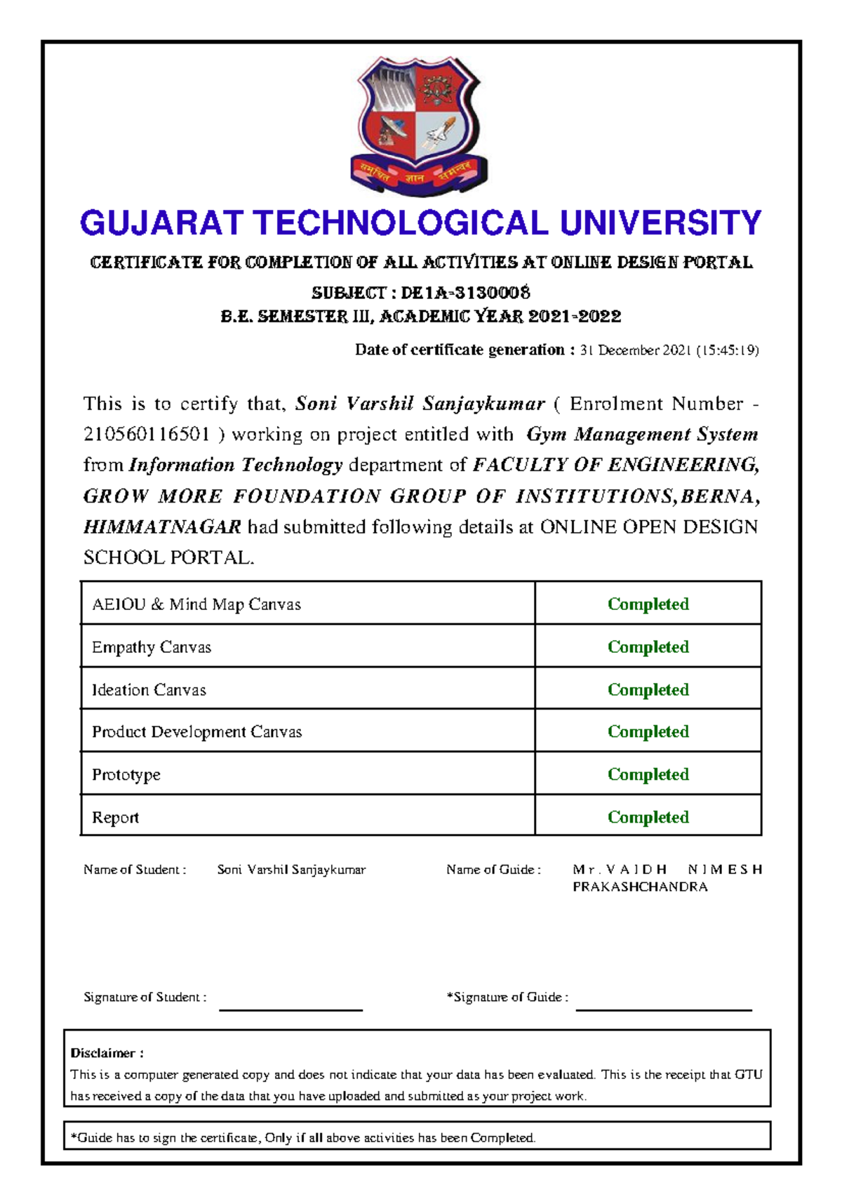 210560116501 Completion Certificate - GUJARAT TECHNOLOGICAL UNIVERSITY ...
