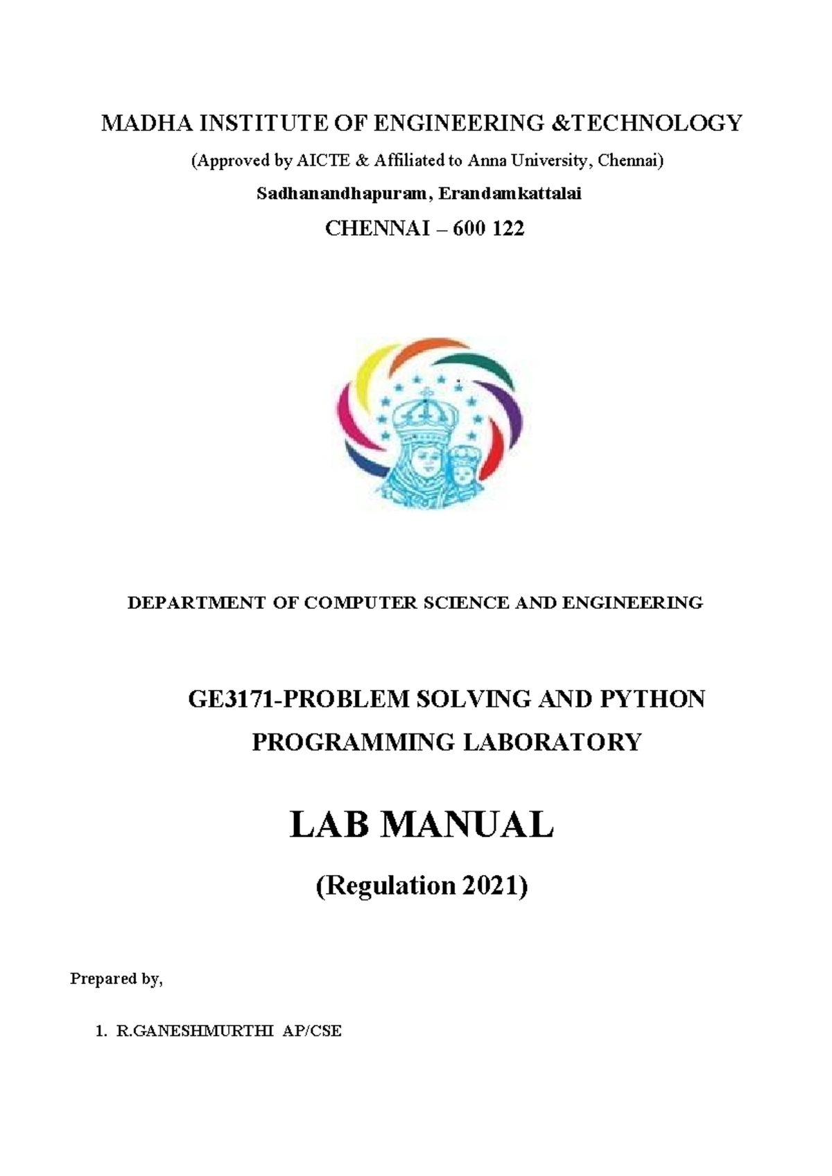 Python Program lab Mannual 1 - MADHA INSTITUTE OF ENGINEERING &TECHNOLOGY (Approved by AICTE ...