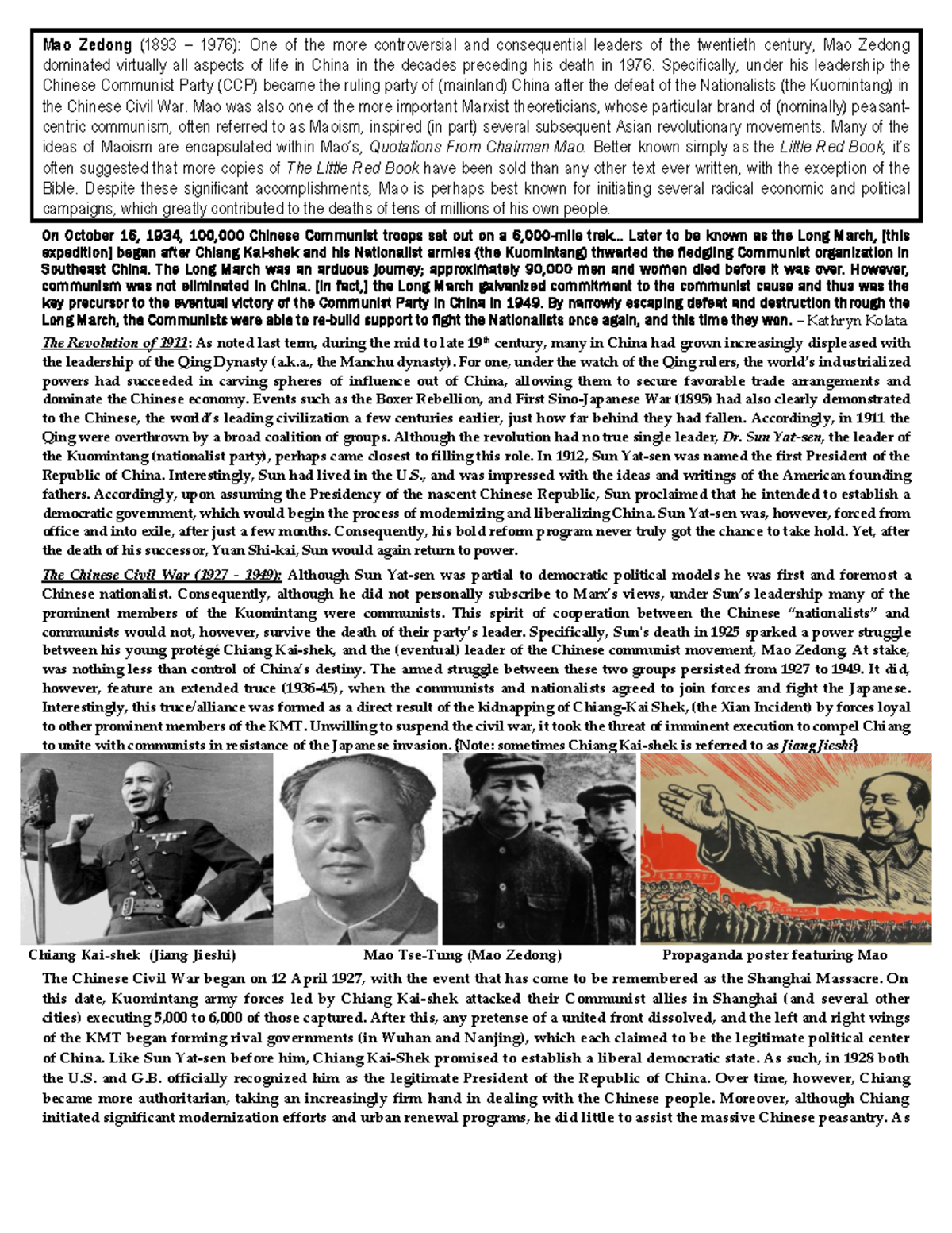 APM-GC-Mao - Class notes on Mao Zedong - Mao Zedong (1893 – 1976): One ...