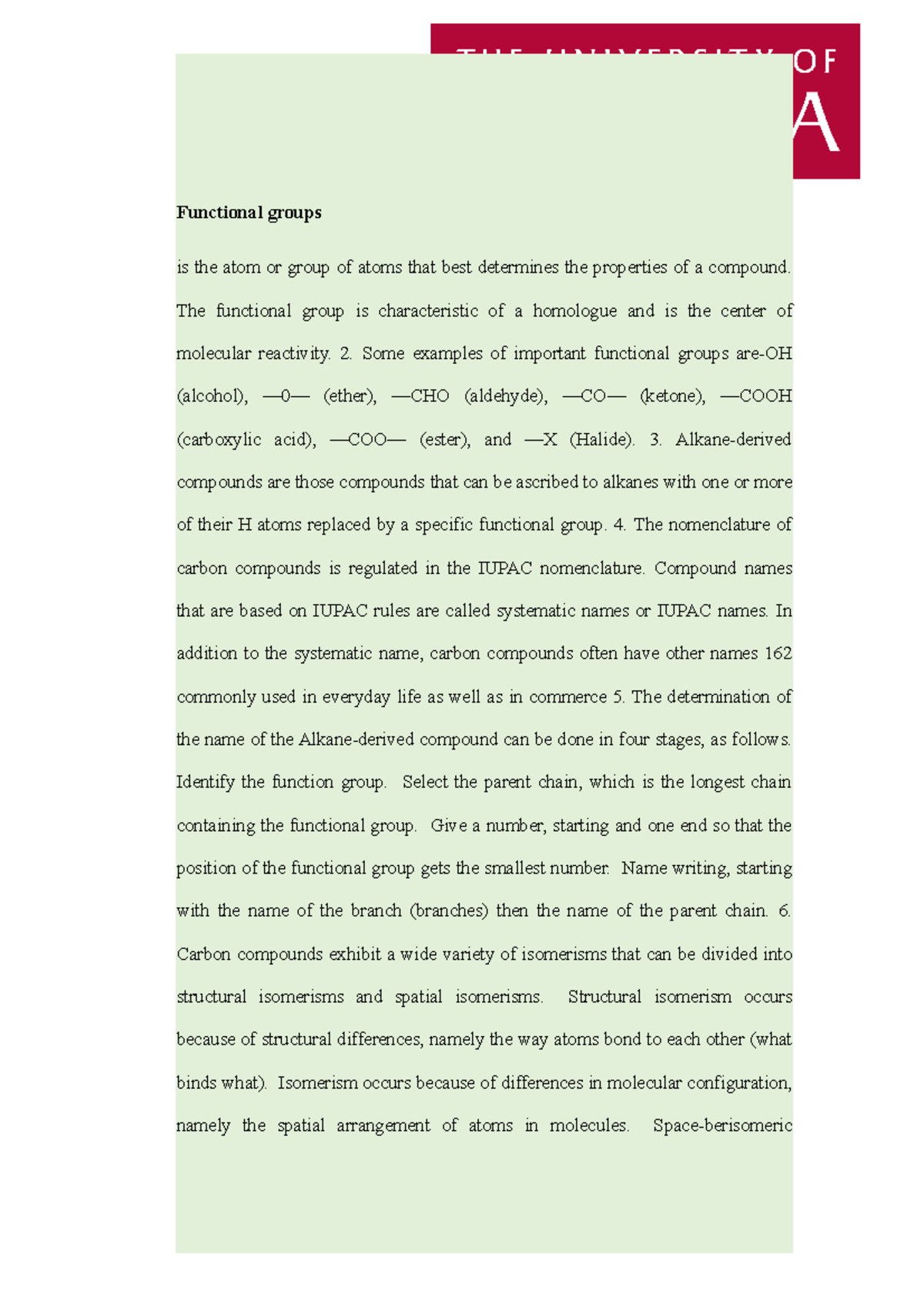 Documents Chemistry - Functional groups - Functional groups is the atom ...