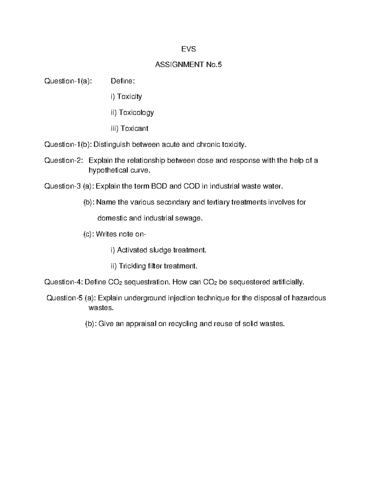EVS-Assignment and tutorial 12 - EVS ASSIGNMENT No. Question-1(a): Define: i) Toxicity ii) - Studocu