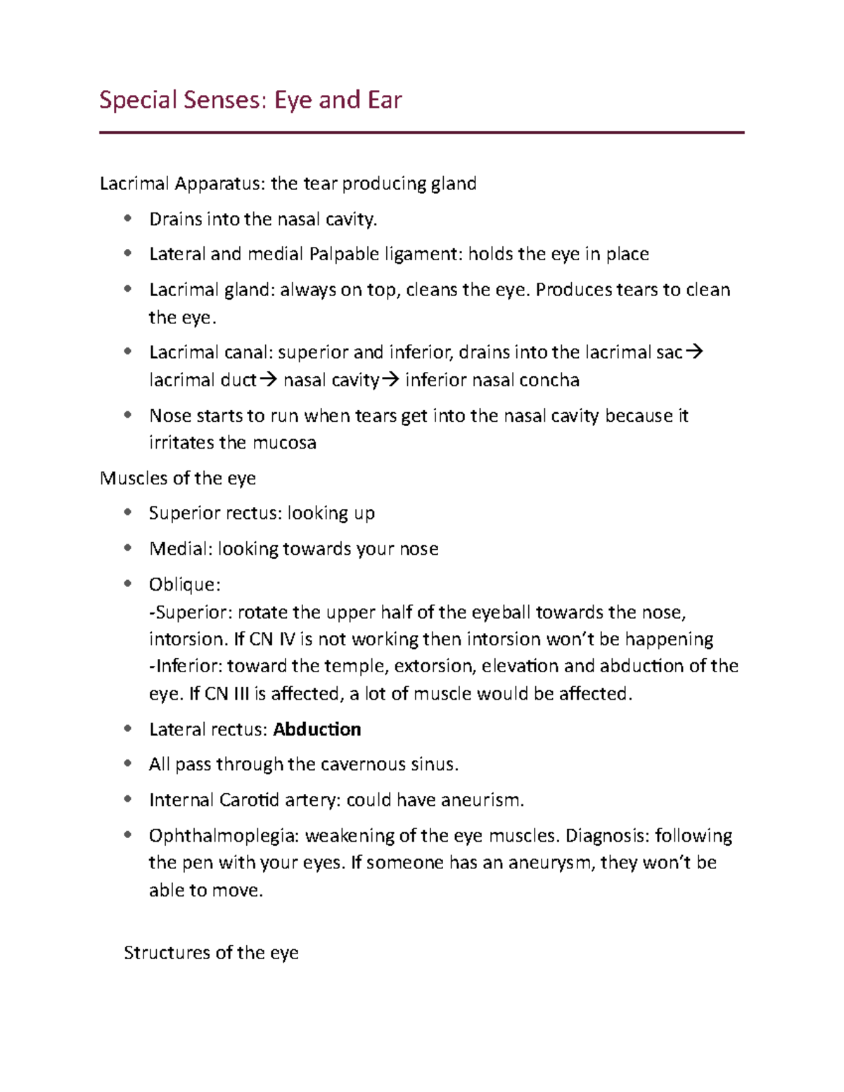 Special Senses Human Anatomy Notes Spring - Special Senses: Eye and Ear ...