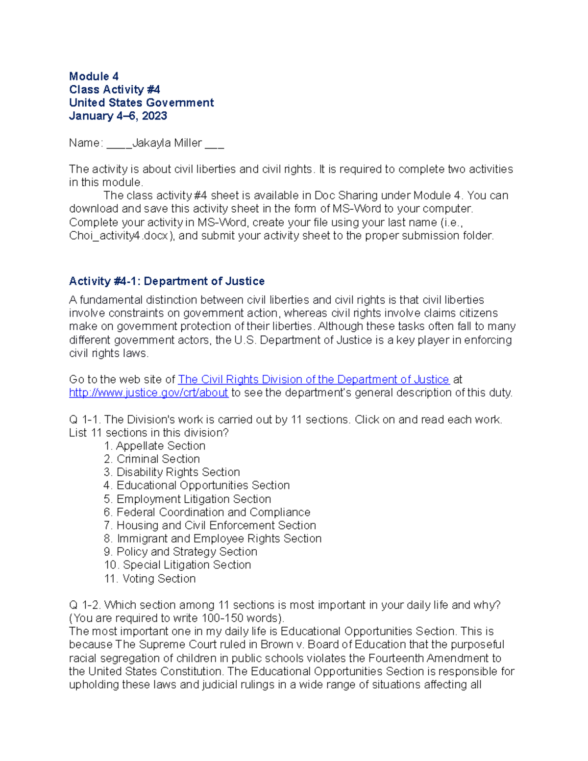 Miller Class Activity 4 - Module 4 Class Activity # United States ...