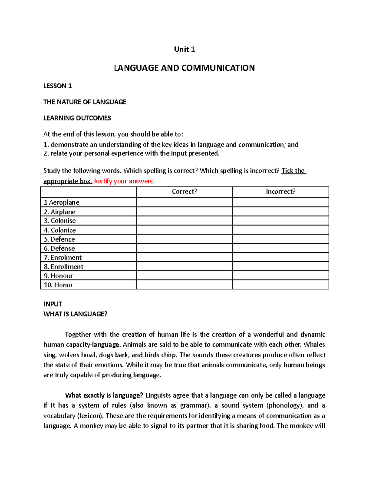 PC Lesson 1 Language and Communication - Unit 1 LANGUAGE AND COMMUNICATION LESSON 1 THE NATURE ...