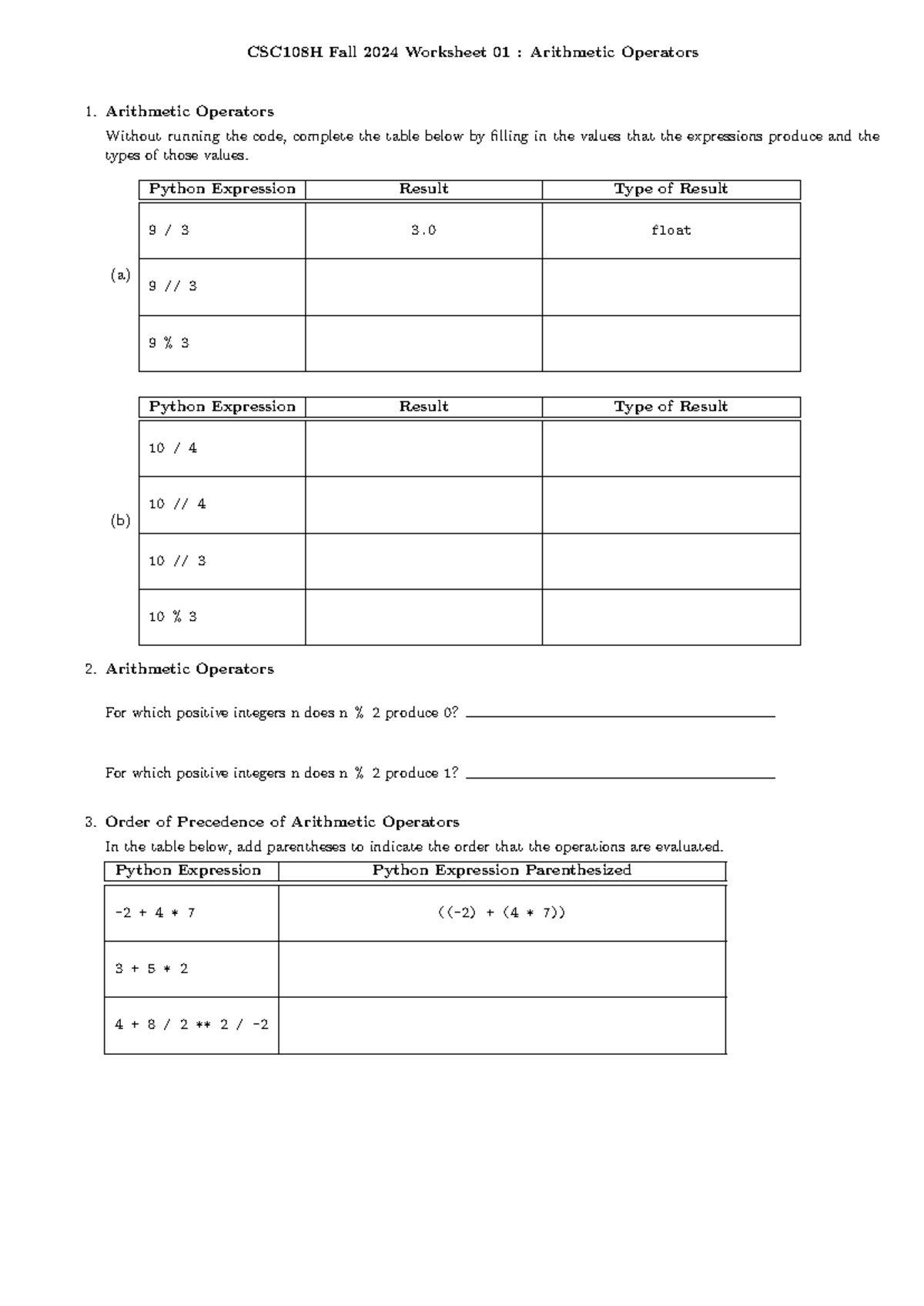 Ws01 arithmetic operators worksheet - CSC108H Fall 2024 Worksheet 01 : Arithmetic Operators ...