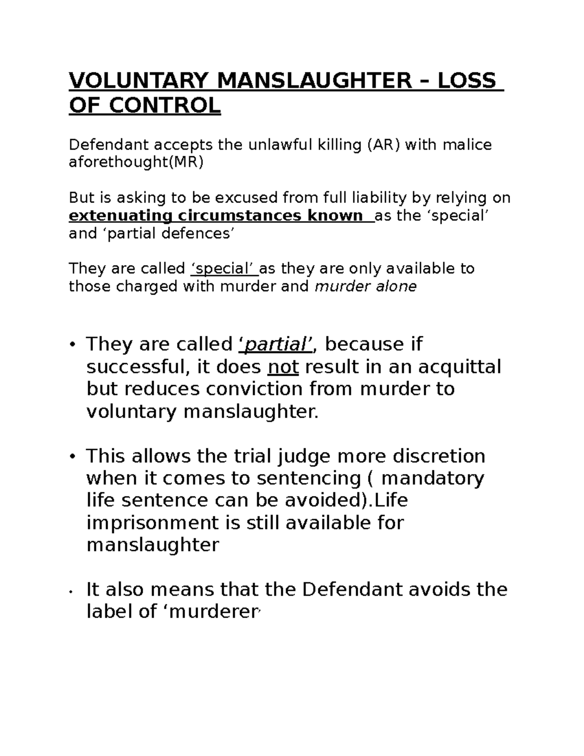 Voluntary Manslaughter - Loss of Control - VOLUNTARY MANSLAUGHTER ...