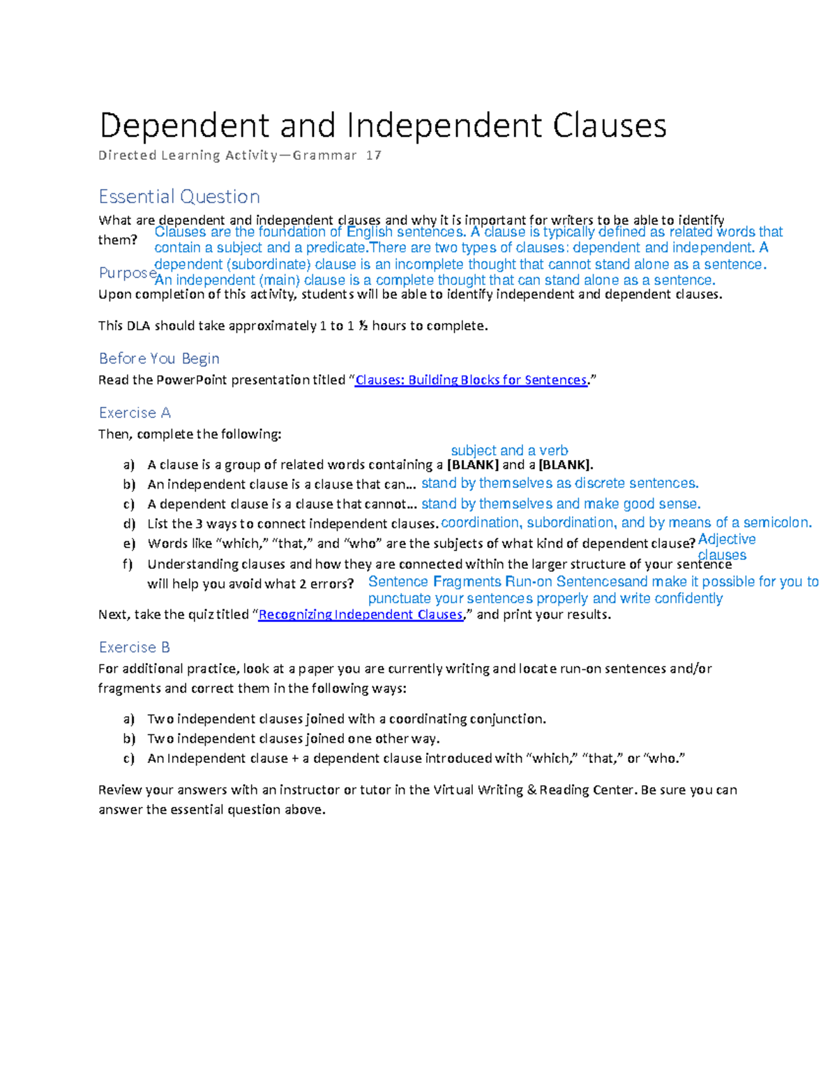DLA - G.17 Dependent & indenpendent clauses - Dependent and Independent ...