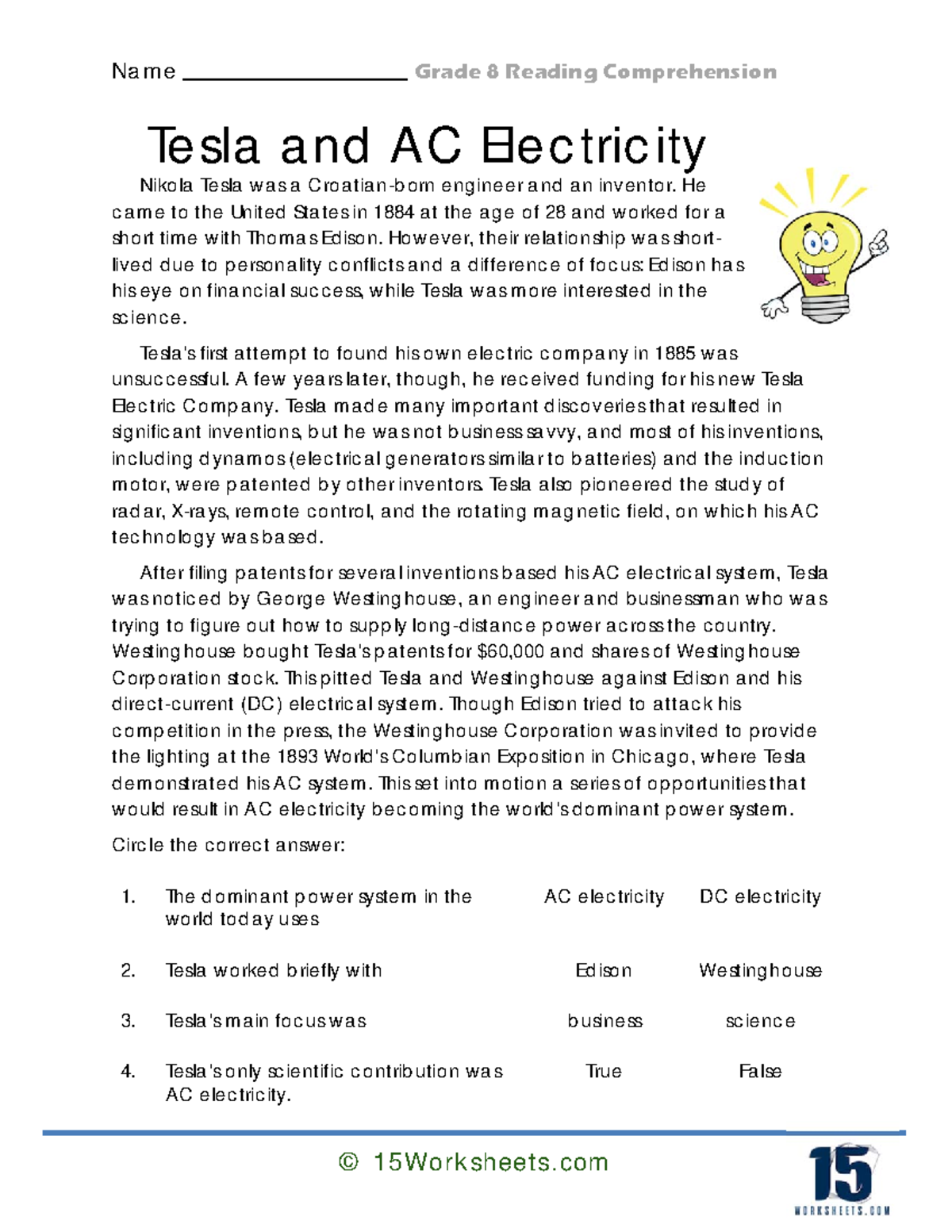 Tesla and ac electricity - Name Grade 8 Reading Comprehension ...