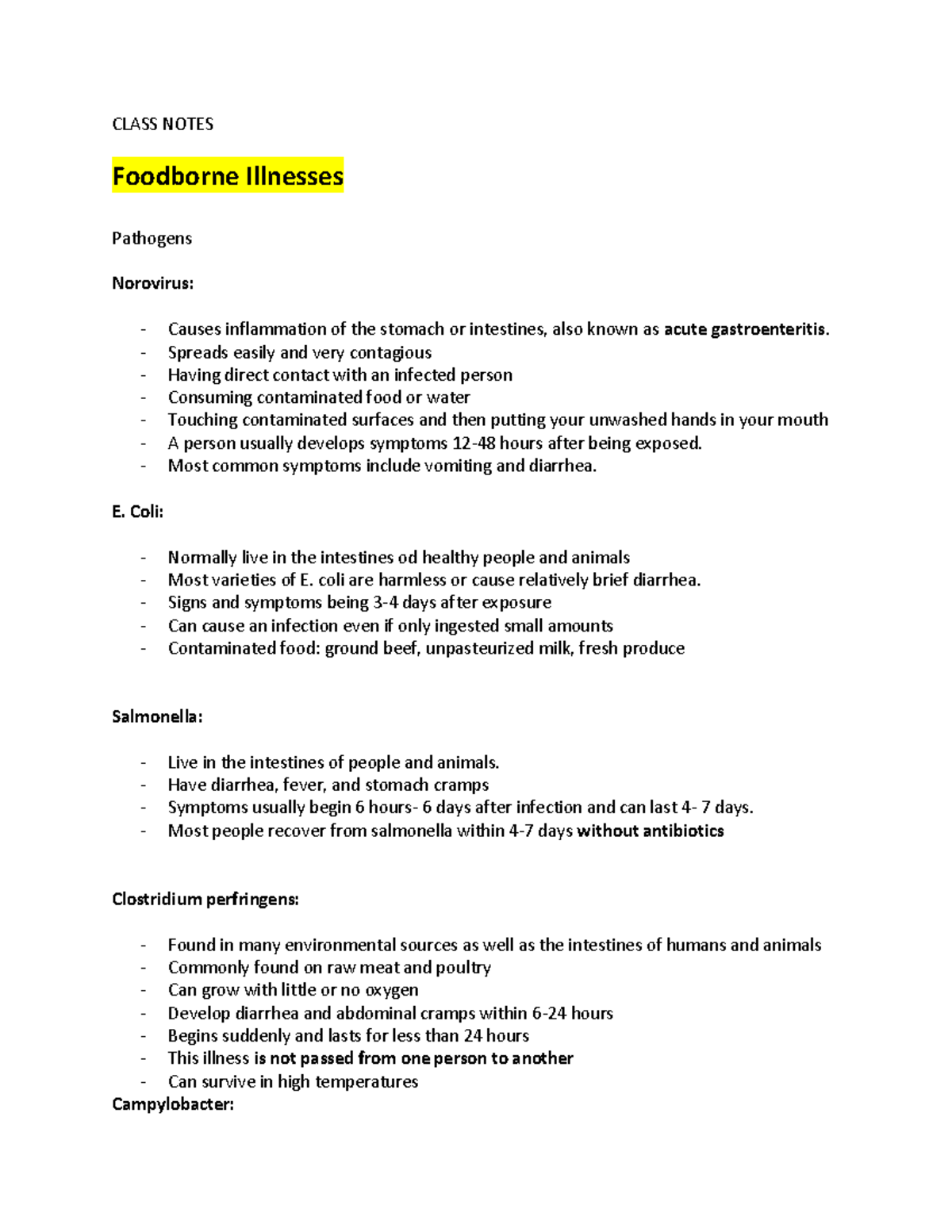 BPH BIO Class Notes (dragged) 18 - CLASS NOTES Foodborne Illnesses ...
