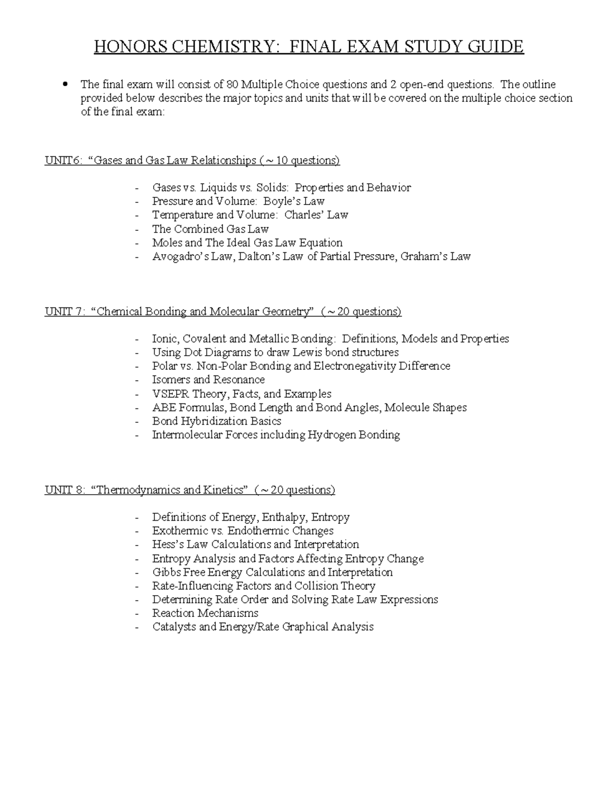 2013 Honors Chem Final Exam Study Guide - HONORS CHEMISTRY: FINAL EXAM ...