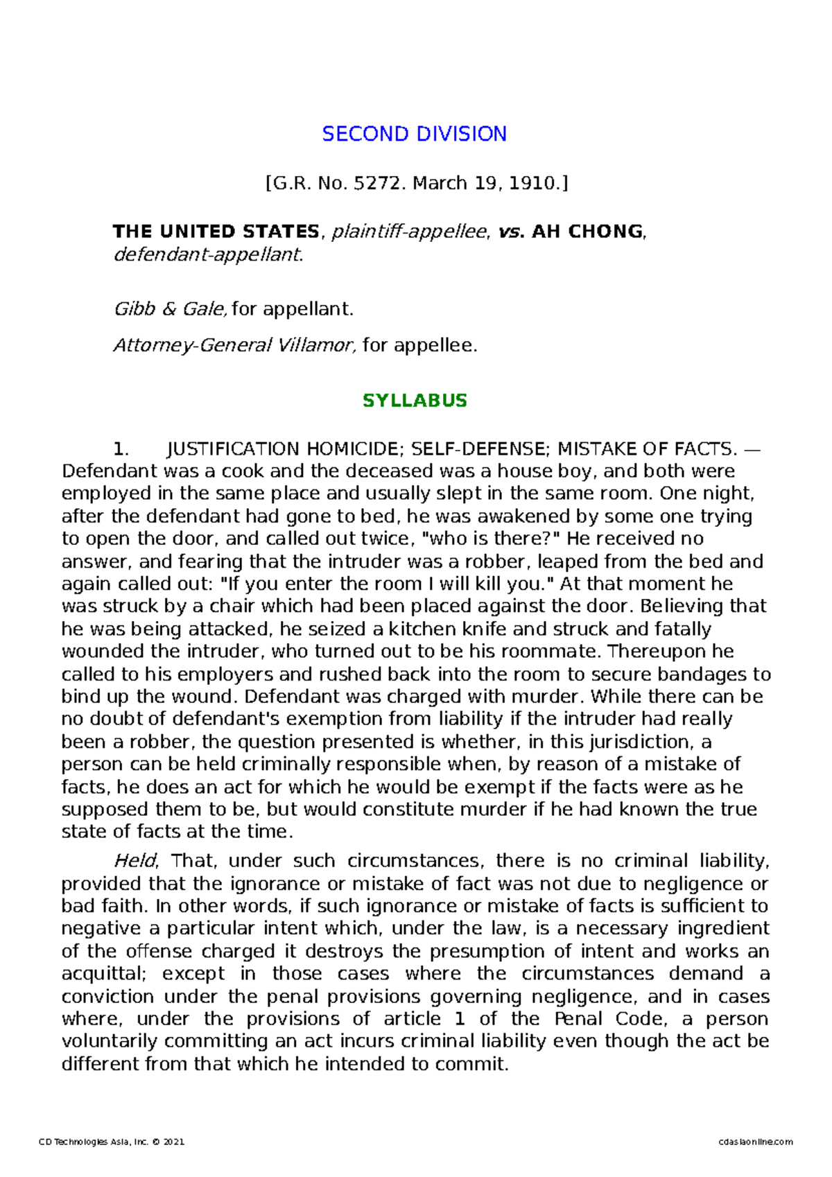 U.S. v. Ah Chong GR 5272 Mar 1910 - SECOND DIVISION [G. No. 5272. March ...