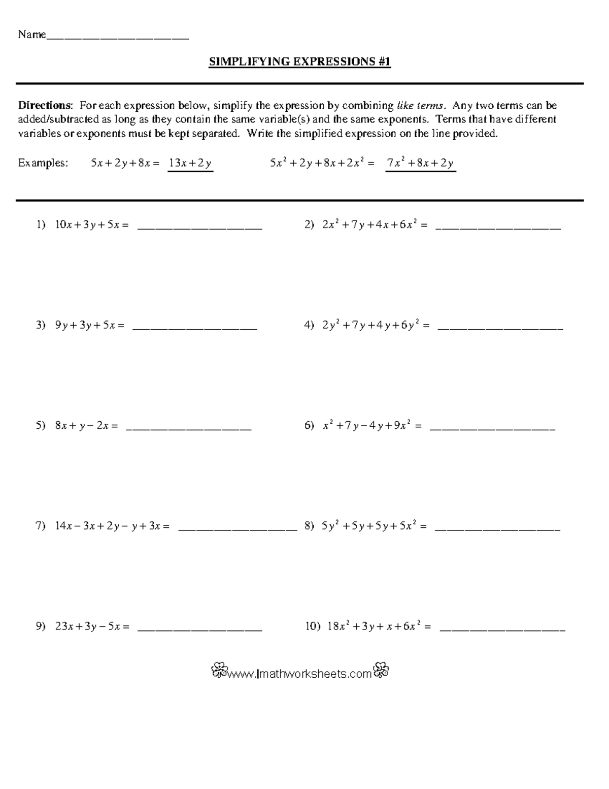 Simplifying Expressions #1 - Name________________________ SIMPLIFYING ...