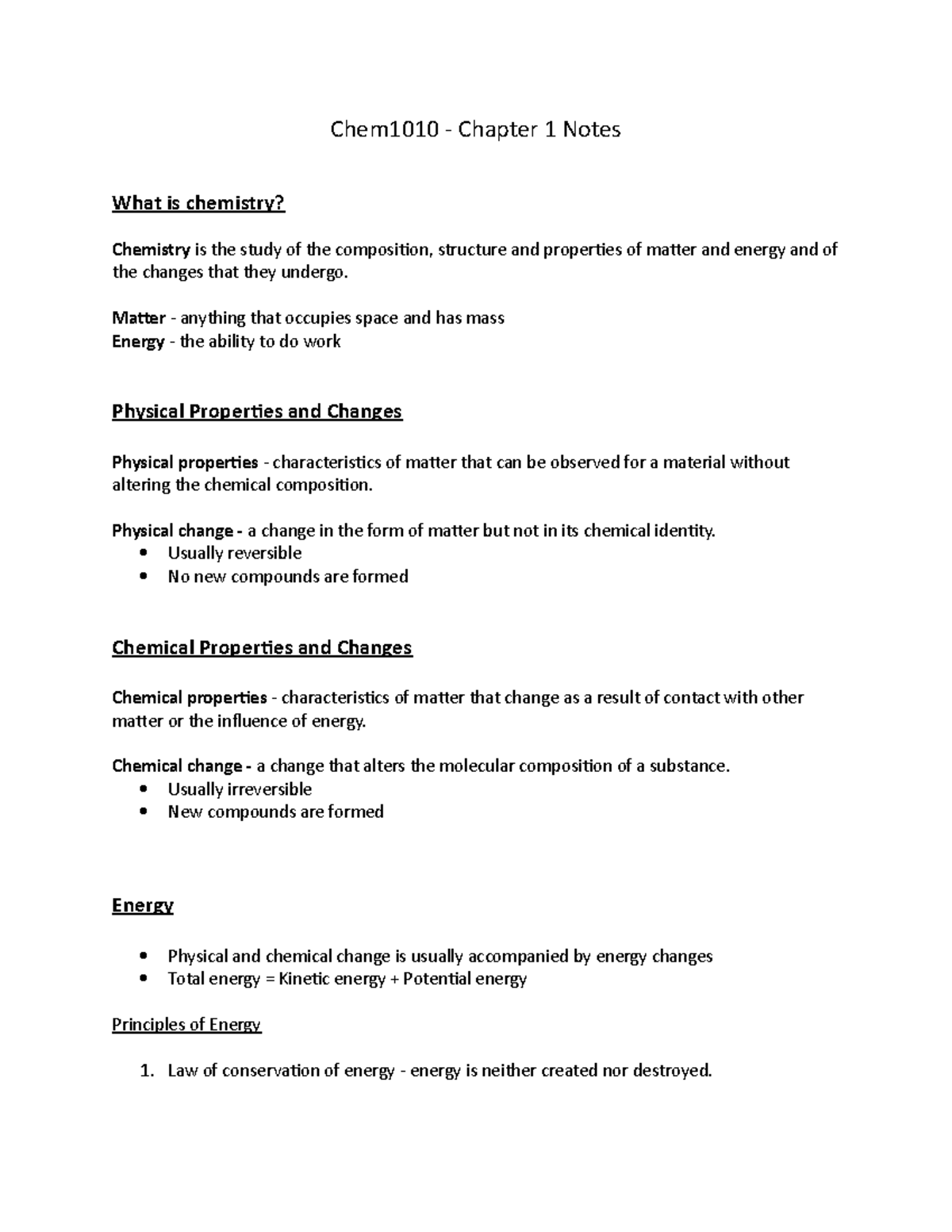 Chapter 1 Lecture Notes Chem1010 Chapter 1 Notes What Is Chemistry