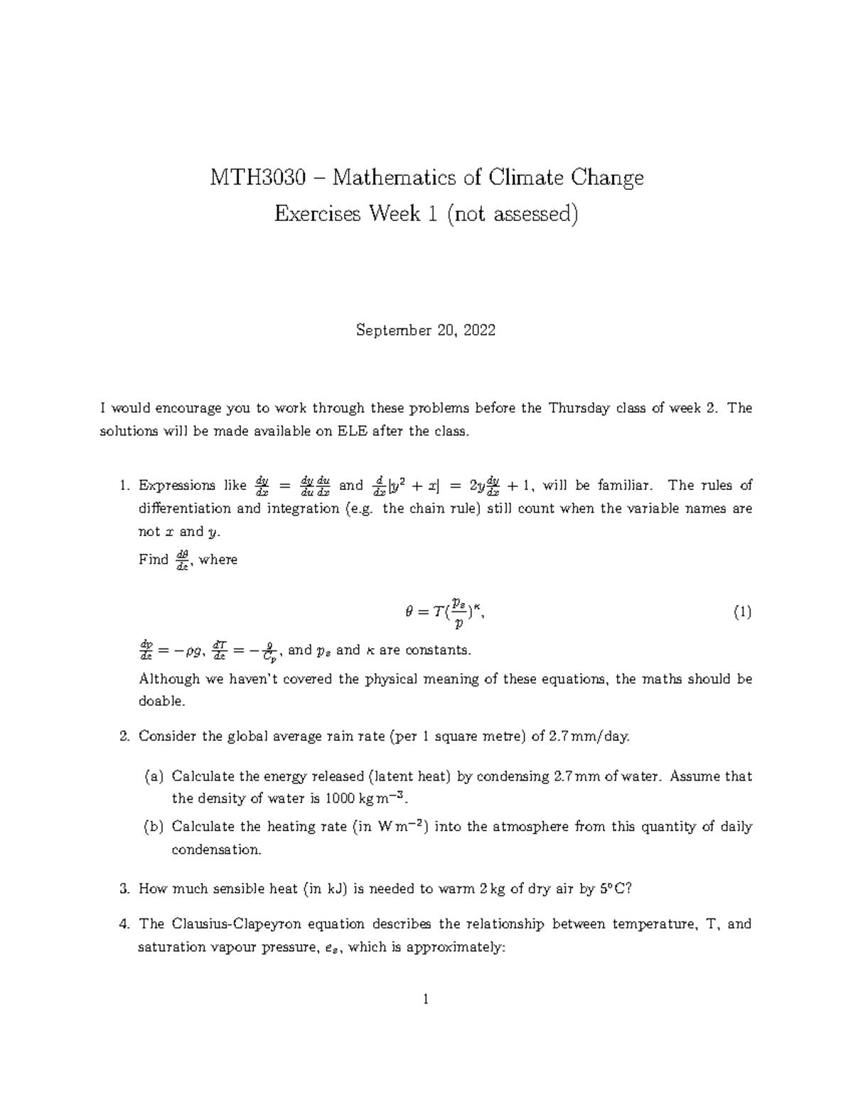 Exercises week1 2022 - MTH3030 – Mathematics of Climate Change ...