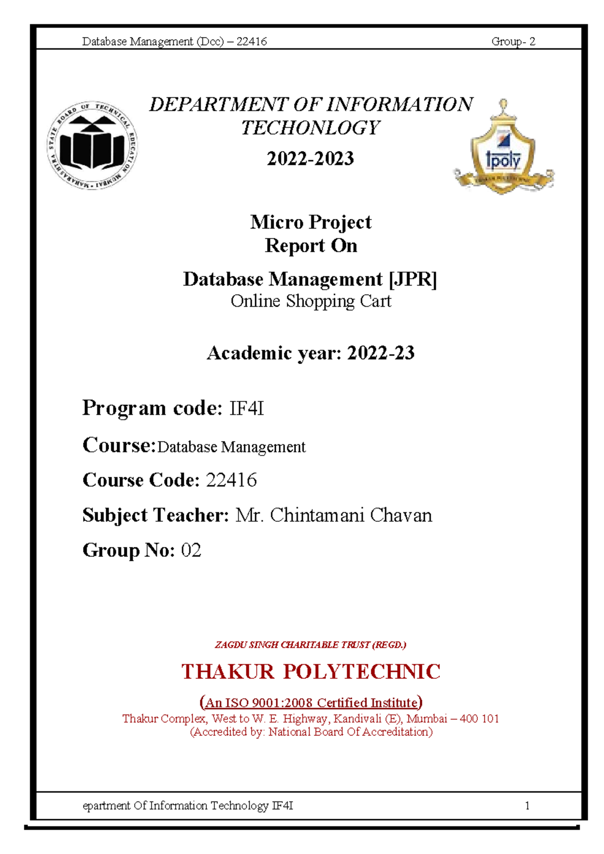 DCC GRP 02 - dcc - DEPARTMENT OF INFORMATION TECHONLOGY 2022- Micro Project Report On Database ...
