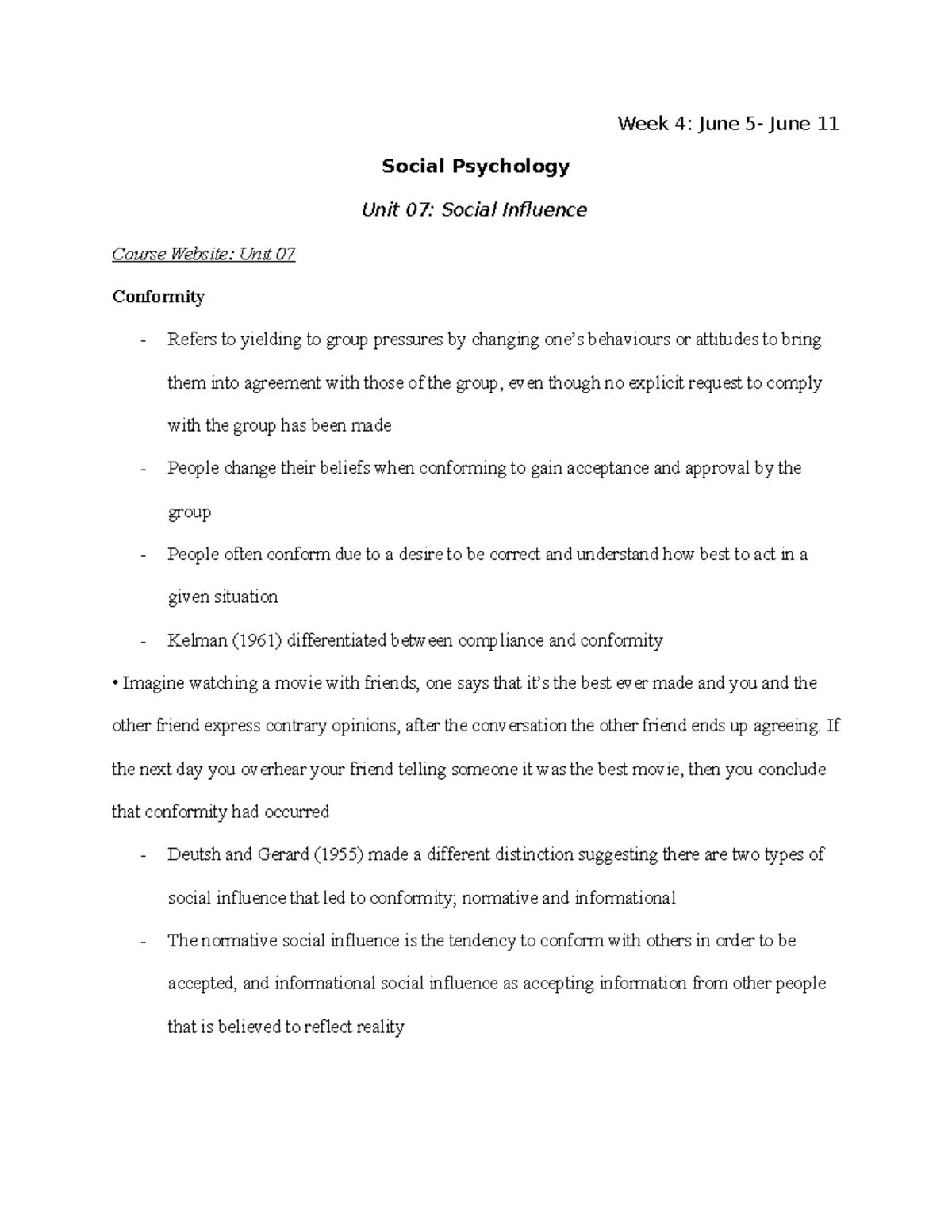 Unit 7- Social Influence - Week 4: June 5- June 11 Social Psychology ...
