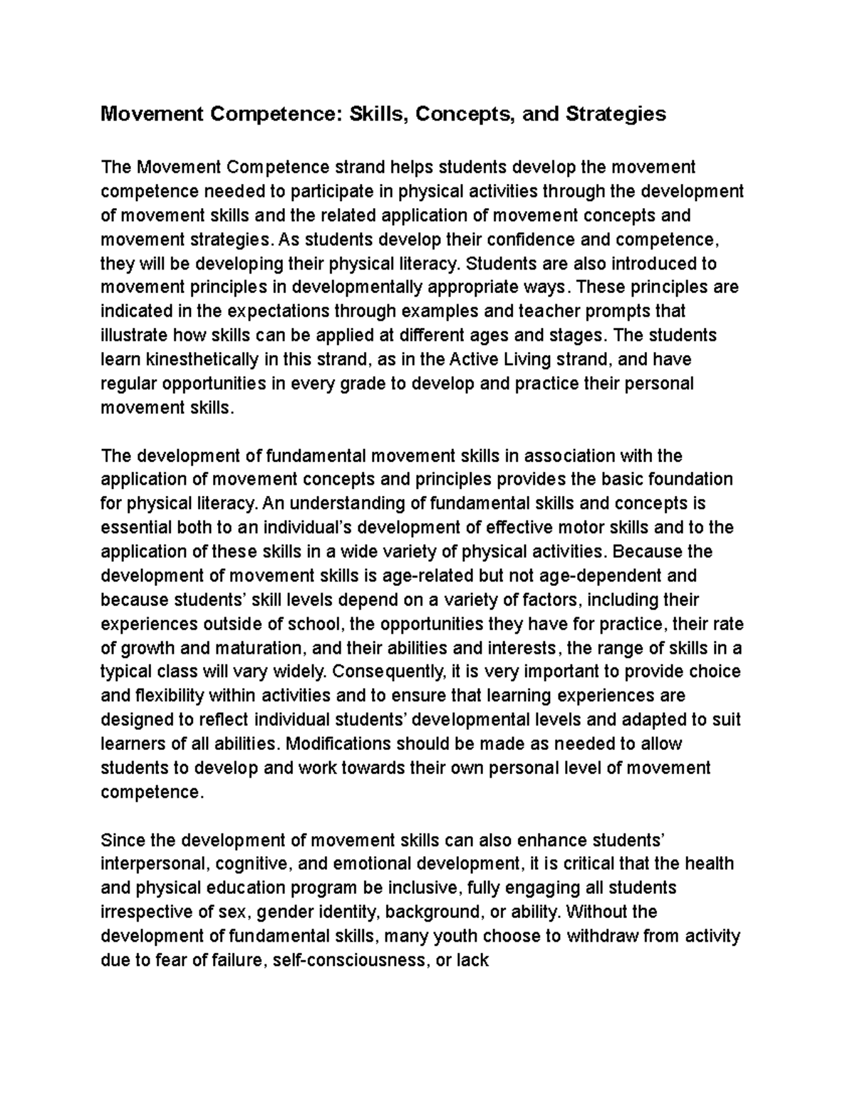 Movement Competence Skills, Concepts, and Strategies - As students ...
