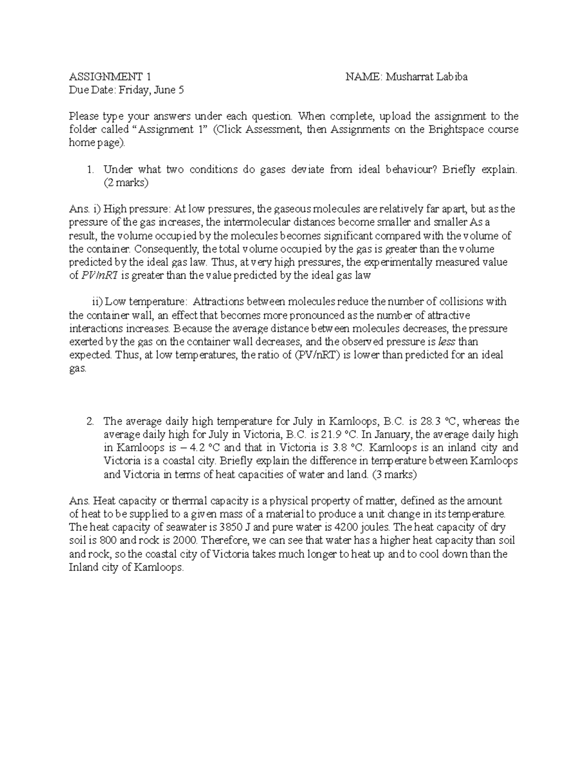 Chem 1050 A1 - Assignment done for coursework. - ASSIGNMENT 1 NAME: Musharrat Labiba Due Date ...