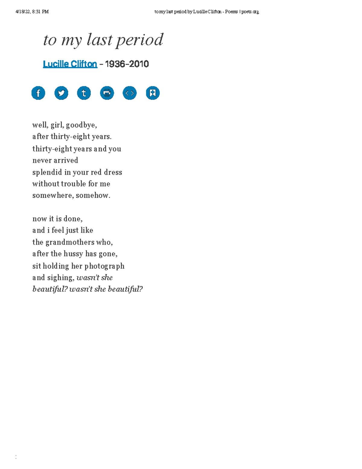 To my last period by Lucille Clifton - Poems poets - thirty-eight years ...