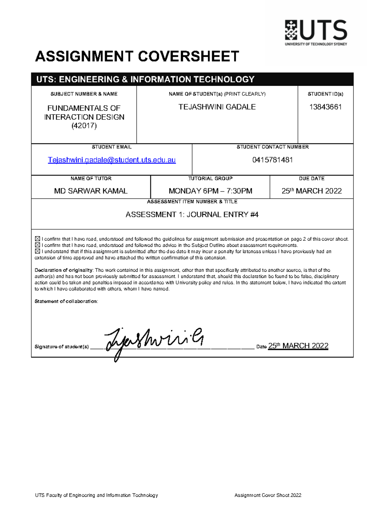 PGTut-01 Gadale 13843661-1 - UTS Faculty of Engineering and Information ...