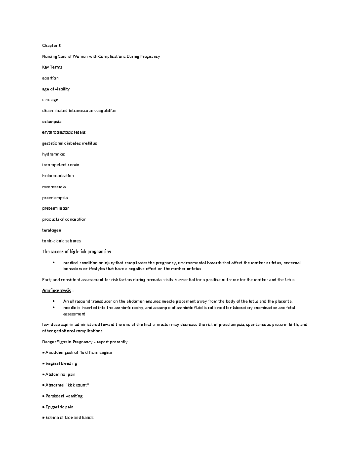 Ch 5 OB - OB notes - Chapter 5 Nursing Care of Women with Complications ...