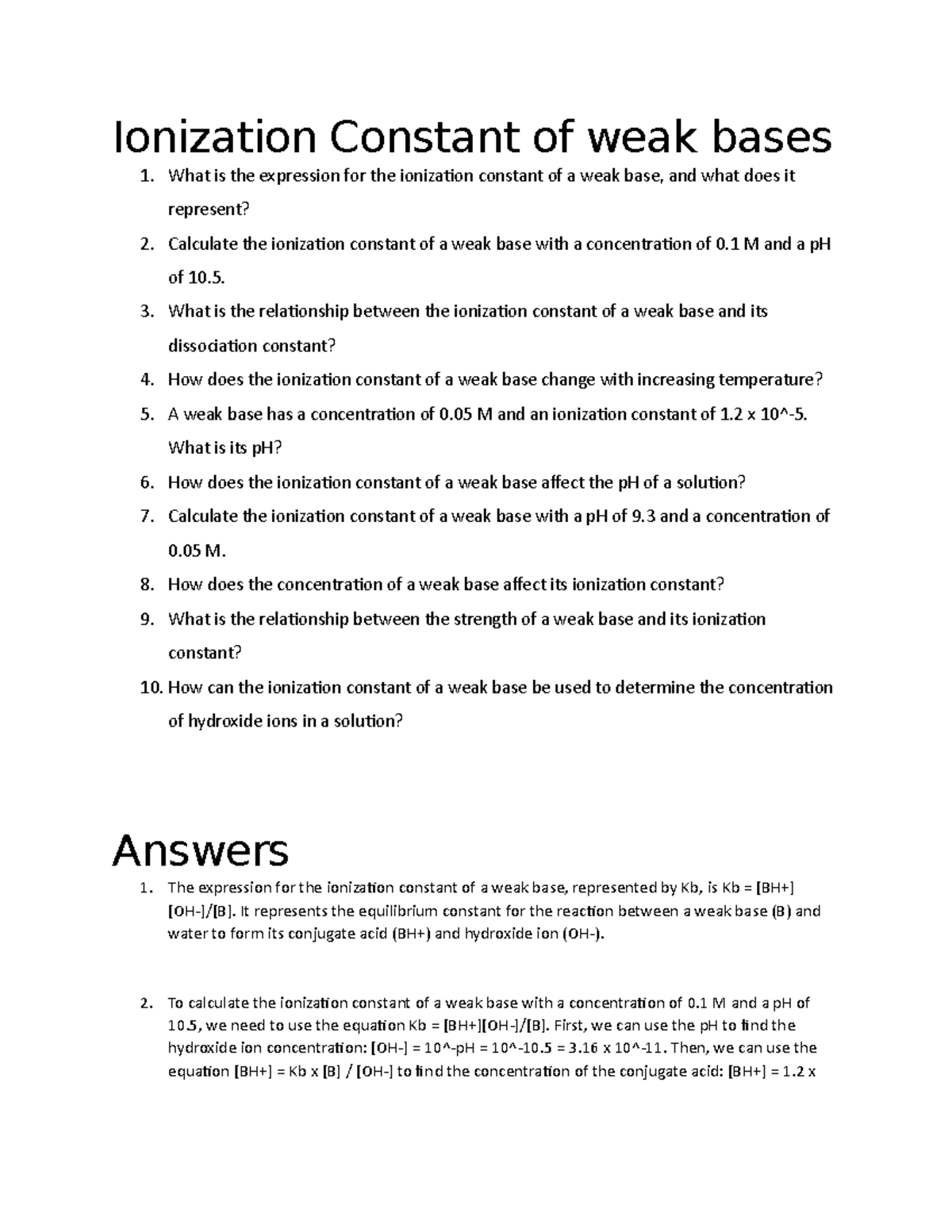 Ionization Constant of weak bases - What is the expression for the ...