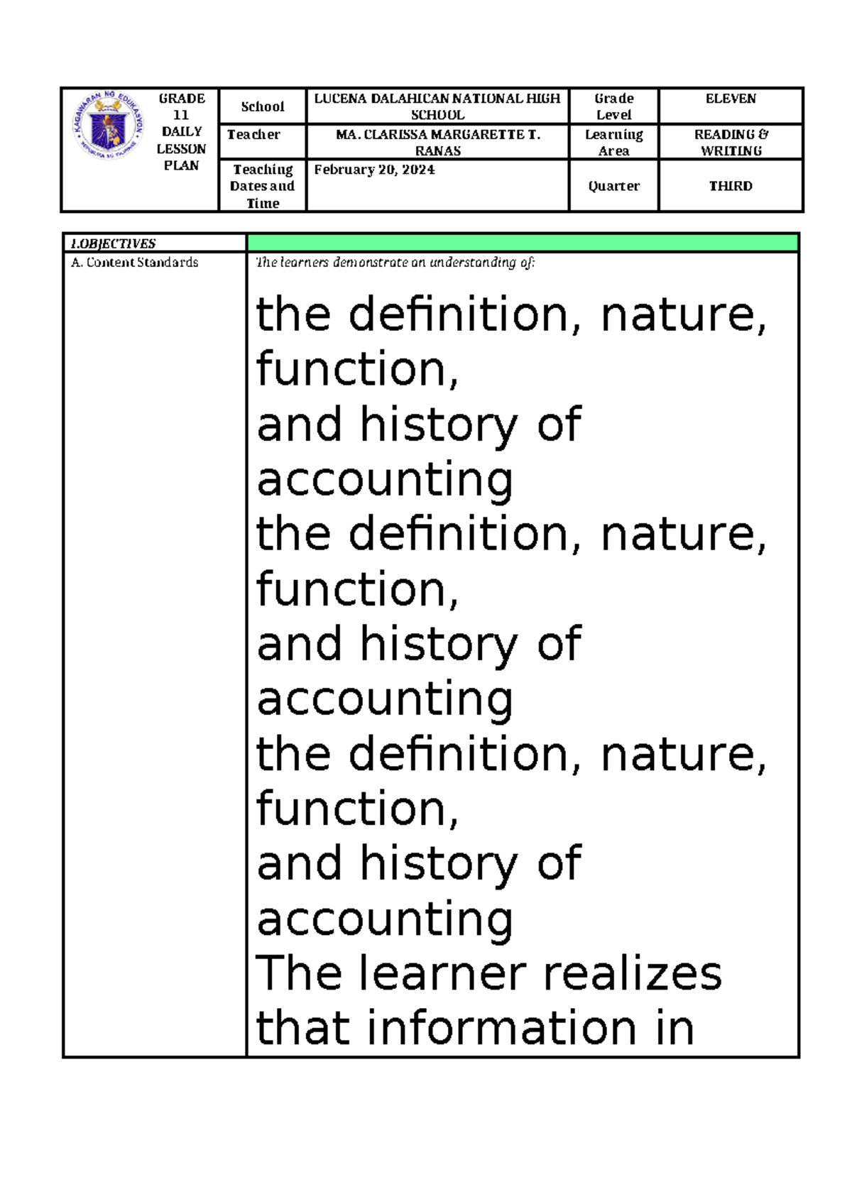 lesson plan reading & writing - GRADE 11 DAILY LESSON PLAN School ...