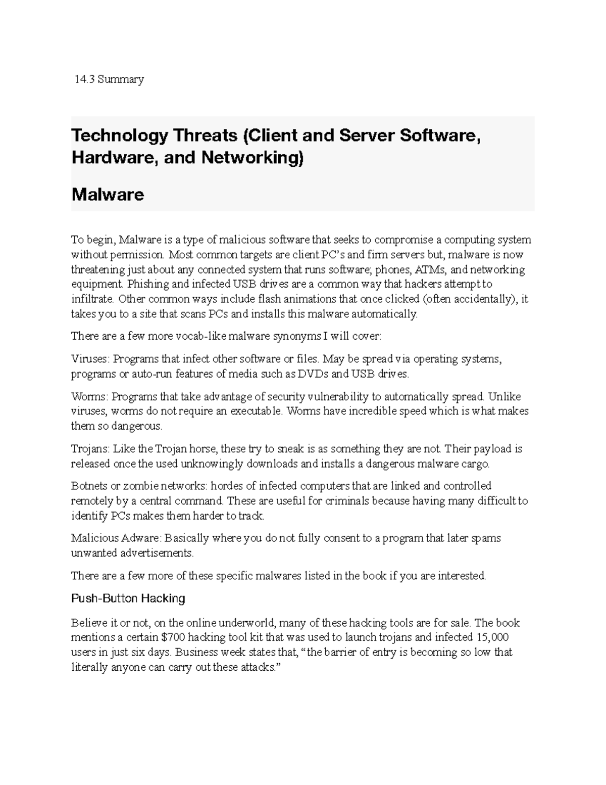 Chapter 14 Summary Lecture Notes 14 Summary Technology Threats Client And Server Software