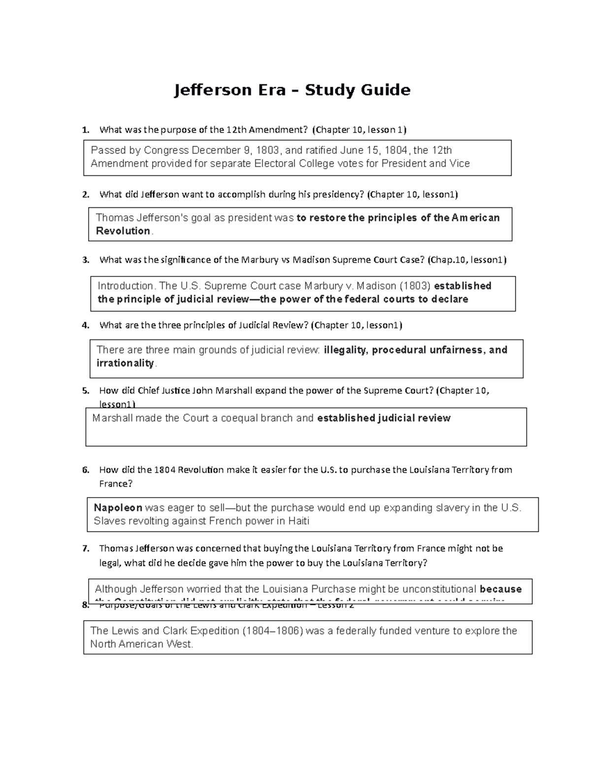 Jefferson Era Study Guide - Jefferson Era – Study Guide 1. What was the ...