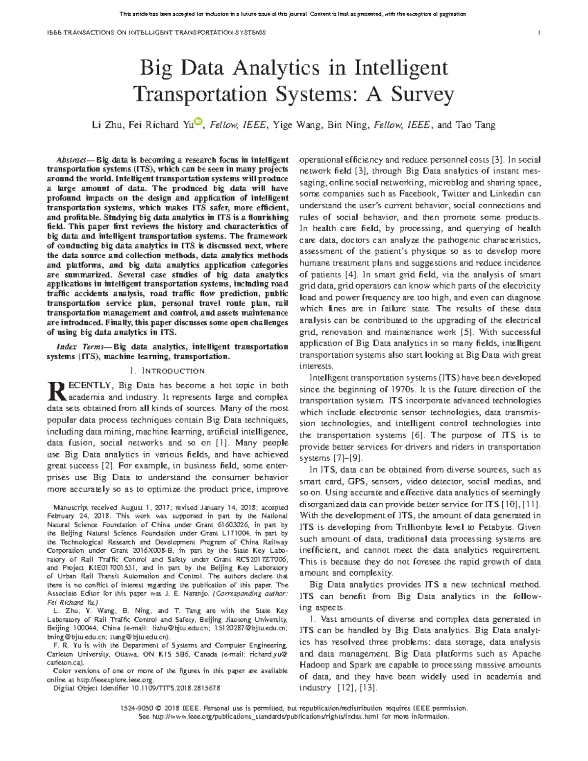 Big Data Analytics in Intelligent Transportation Systems - A Survey ...