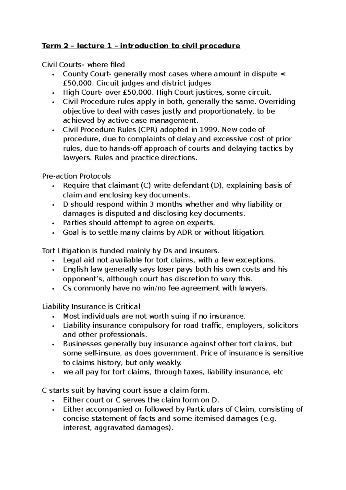 Introduction to civil procedure - Term 2 – lecture 1 – introduction to ...