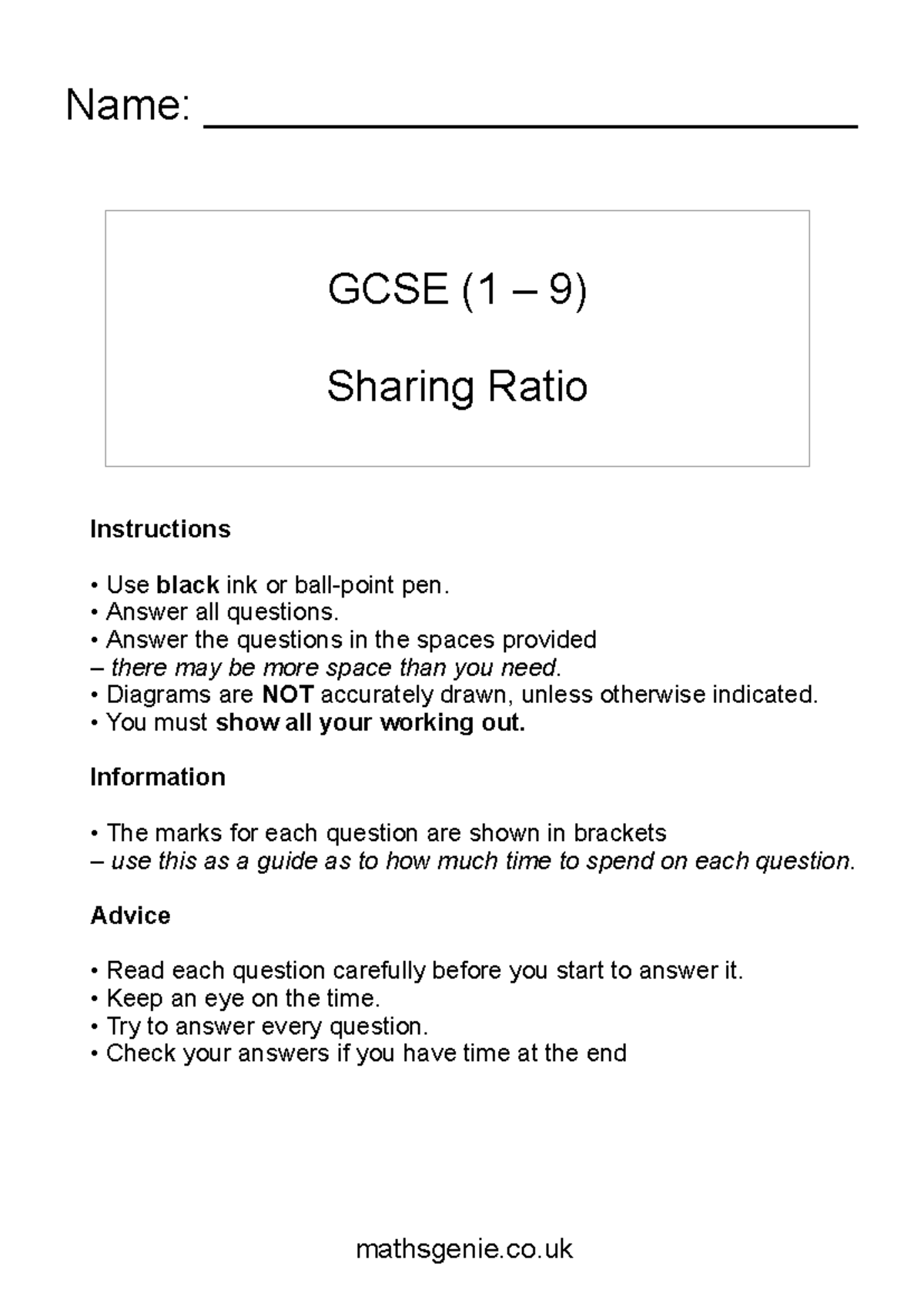 3-sharing-ratio - GCSE (1 – 9) Sharing Ratio Name ...