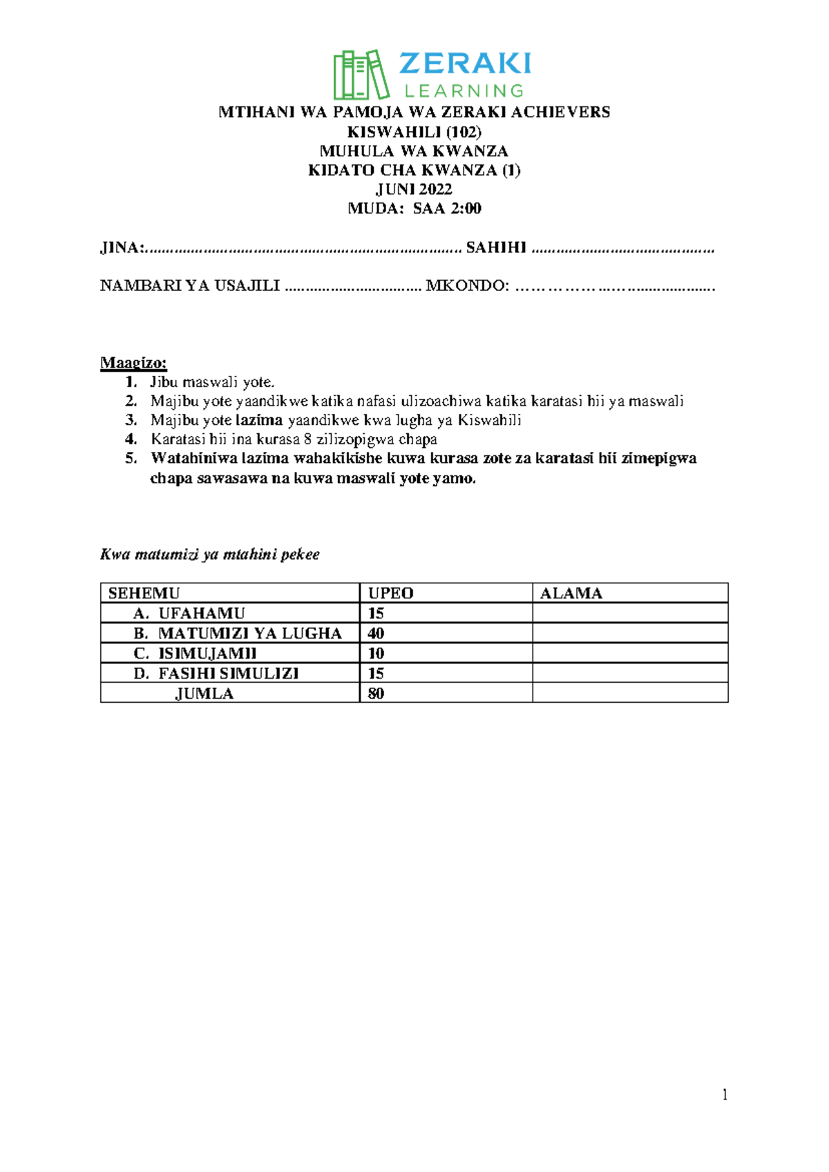 Kiswahili - kindly alighn with the set book notes - MTIHANI WA PAMOJA ...