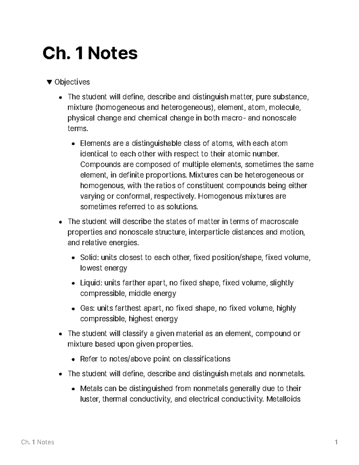 Ch.1 Notes for class - Ch. 1 Notes Objectives The student will define ...