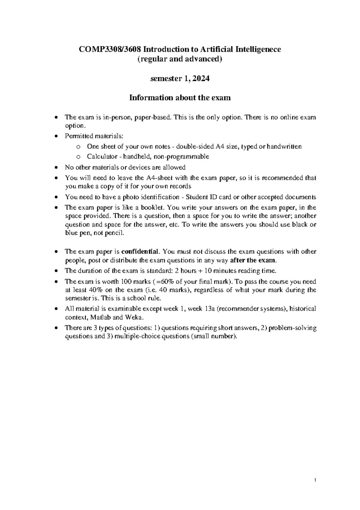 Sample exam questions 2024 - COMP3308/3608 Introduction to Artificial Intelligenece (regular and ...