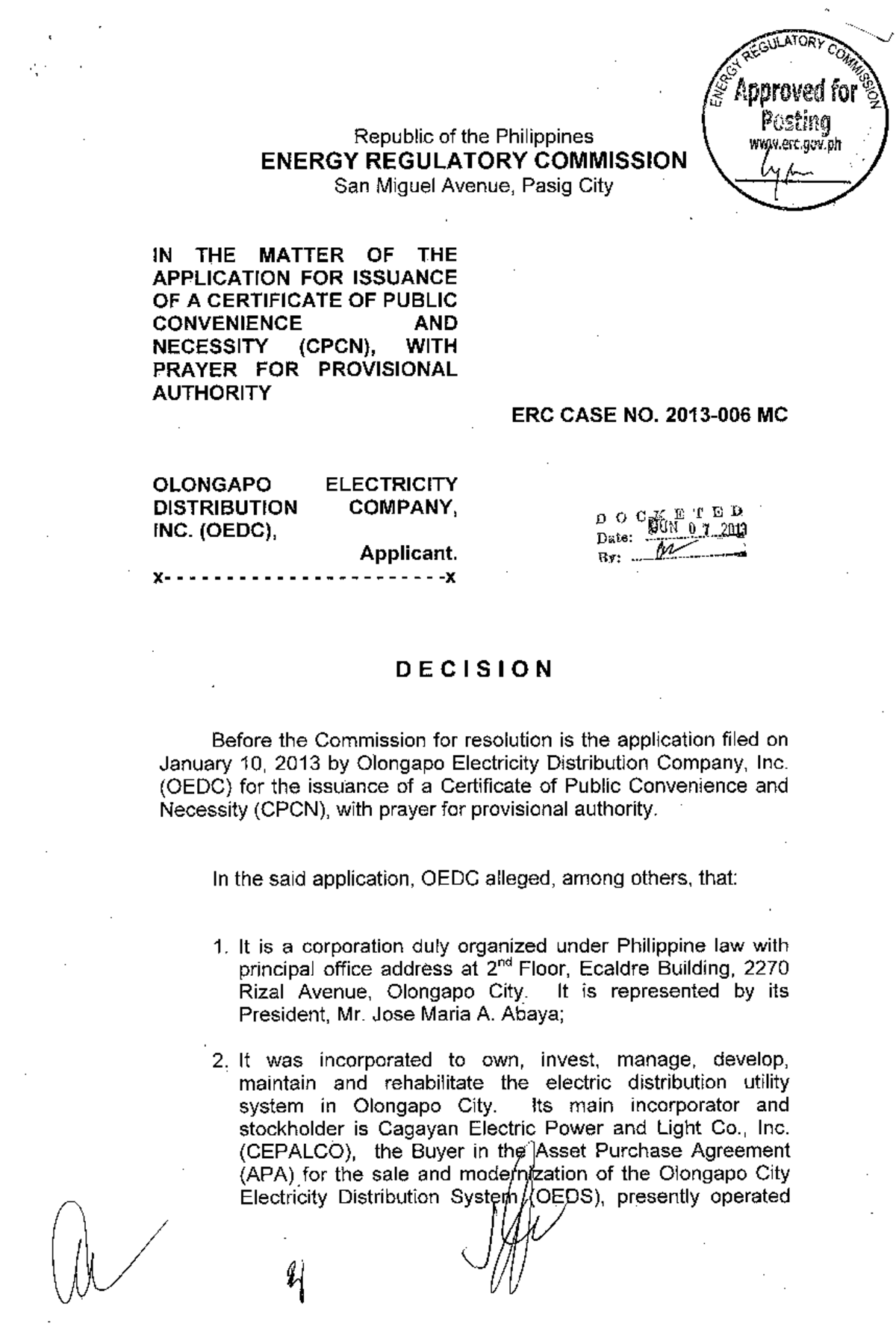 2013-006MC OEDC CPCN - Republic of the Philippines ENERGY REGULATORY ...